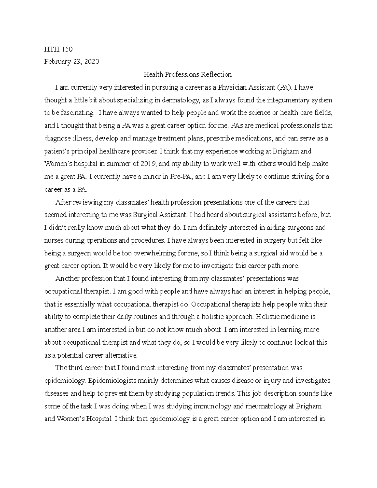 Health Professions Reflection Paper - HTH 150 February 23, 2020 Health ...