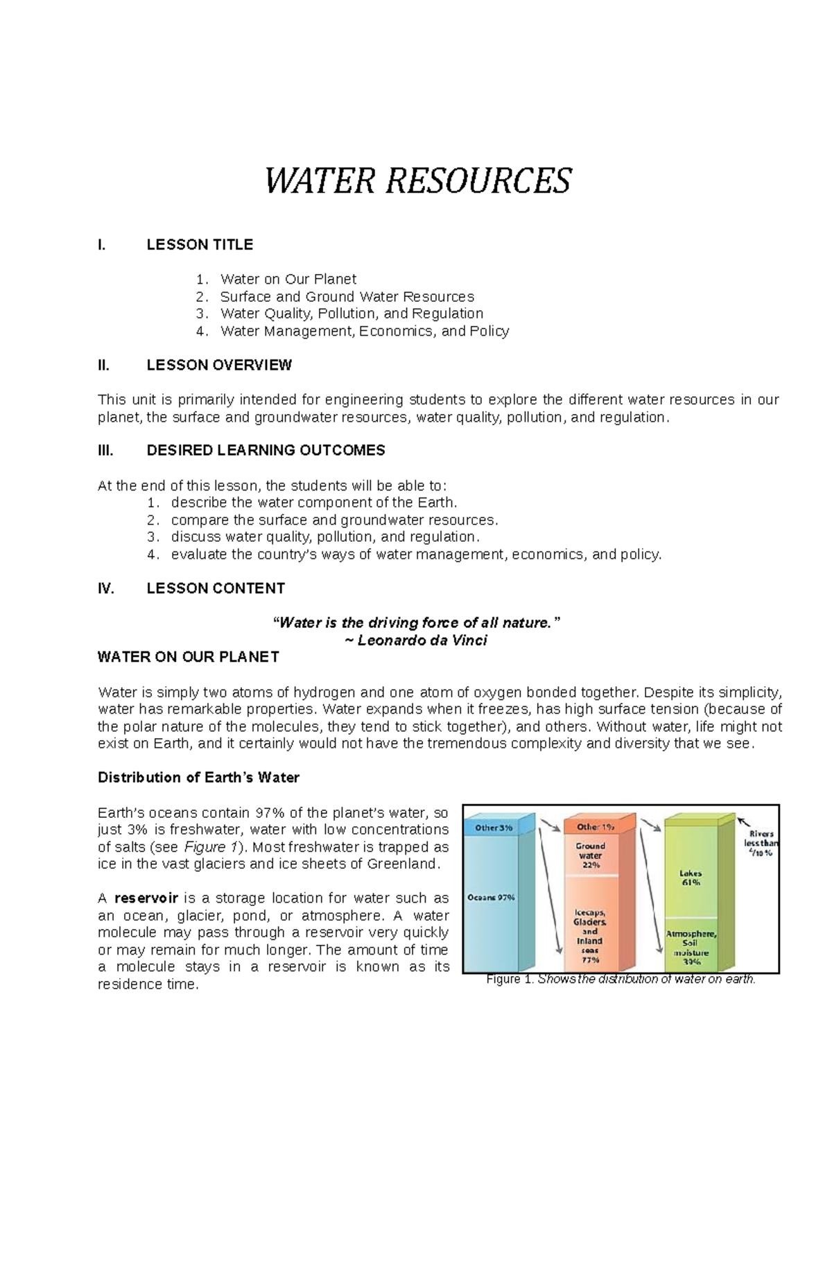 Module 4-WATER RESOURCES - WATER RESOURCES I. LESSON TITLE 1. Water on ...