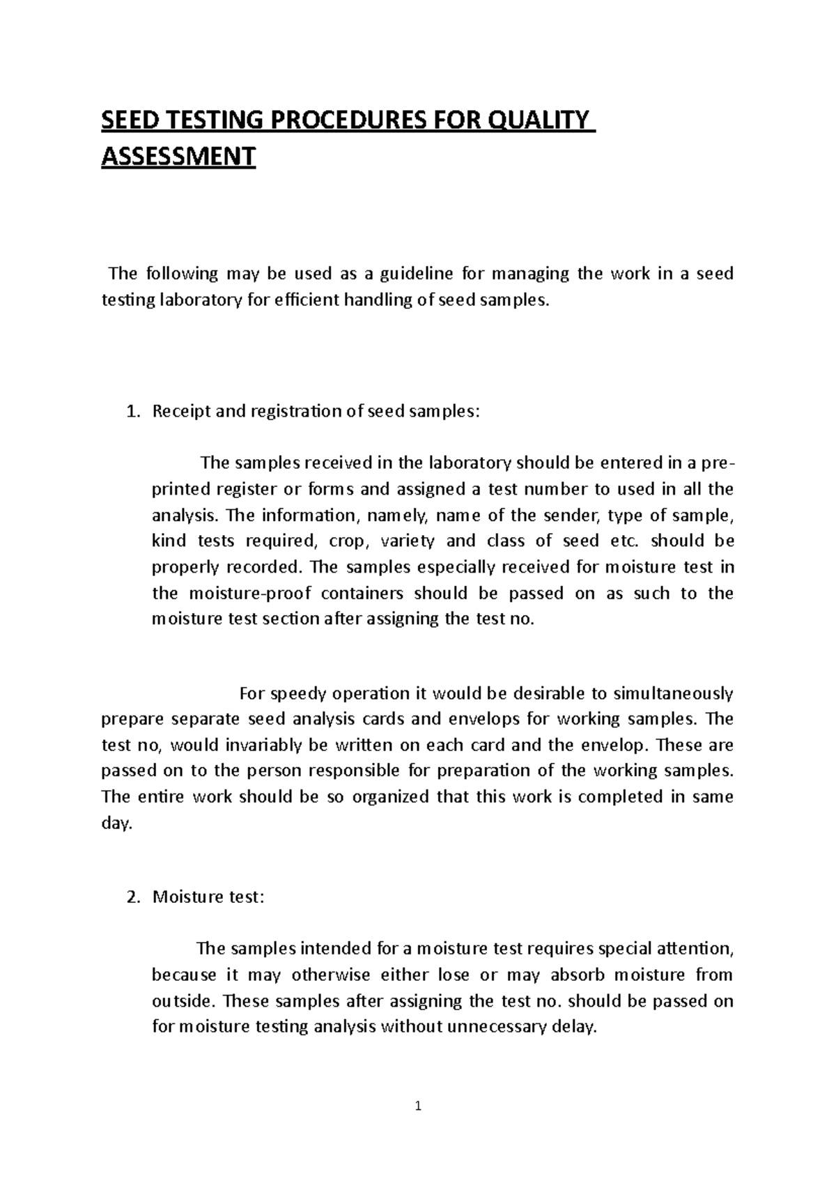 SEED Testing Procedures FOR Quality Assessment - Genetics - Studocu