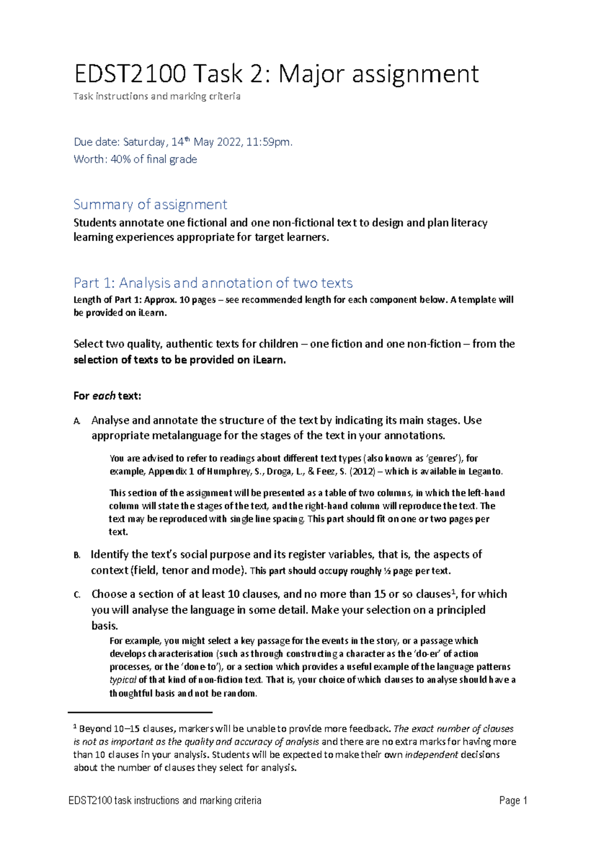 EDST2100 Task 2 instructions 2022 - EDST2100 Task 2: Major assignment Task instructions and ...