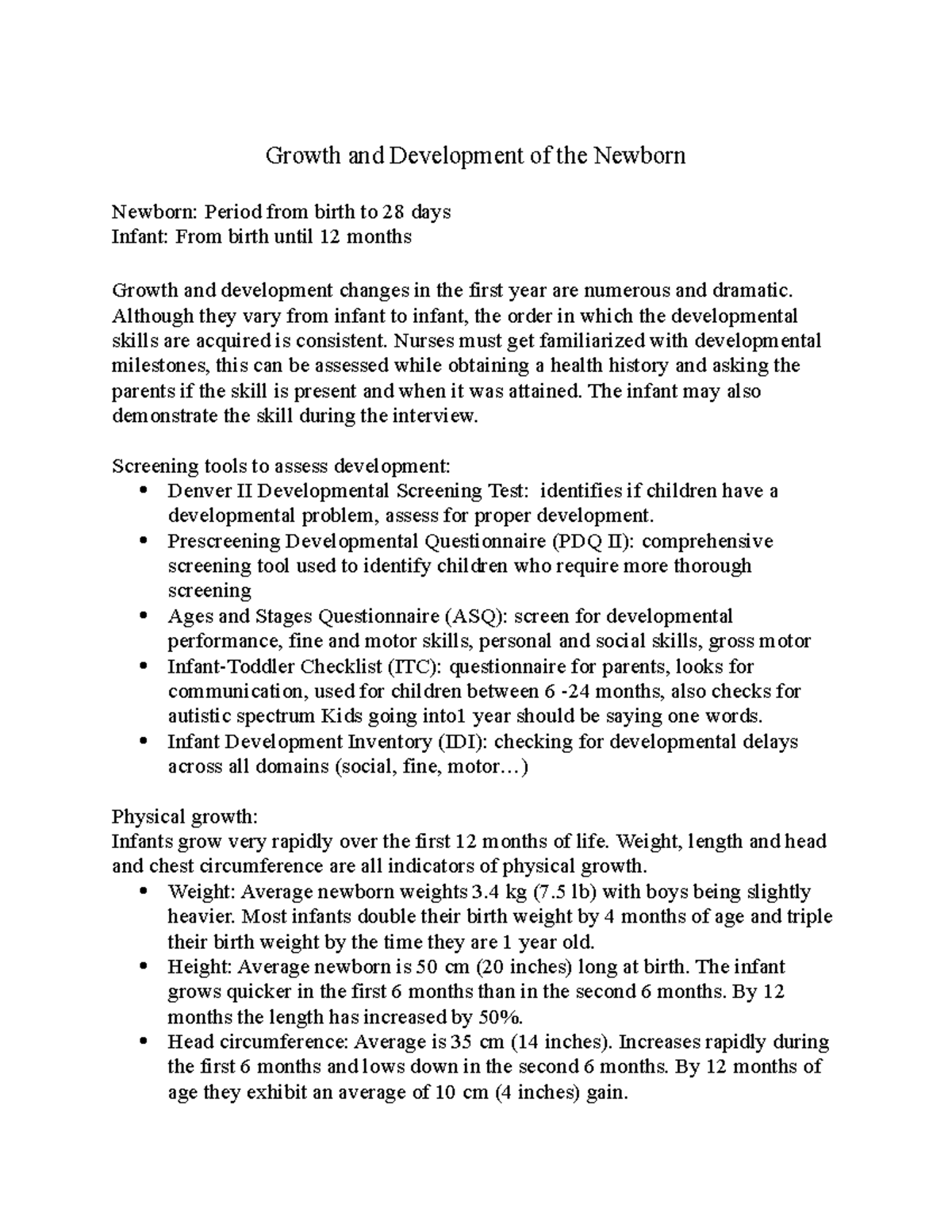 Growth and Development of the Newborn Notes - Growth and Development of ...