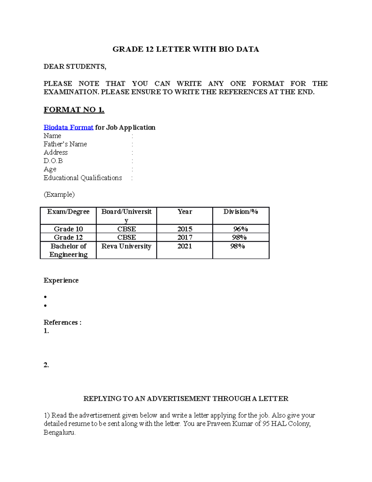 Letter writing with Bio data - GRADE 12 LETTER WITH BIO DATA DEAR ...