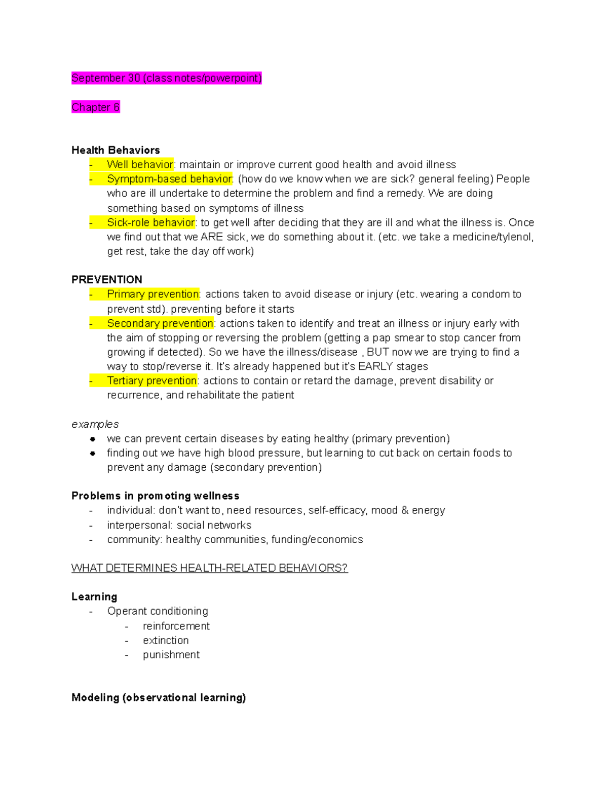 Exam 2 Health Psyc - Test 2 review - September 30 (class notes ...