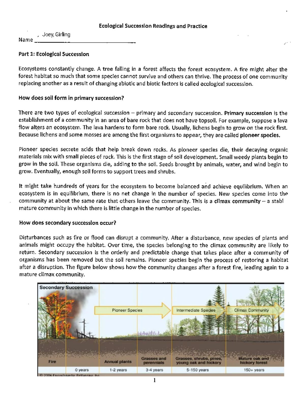 Joseph Girling - Ecological Succession Reading w practice - Studocu