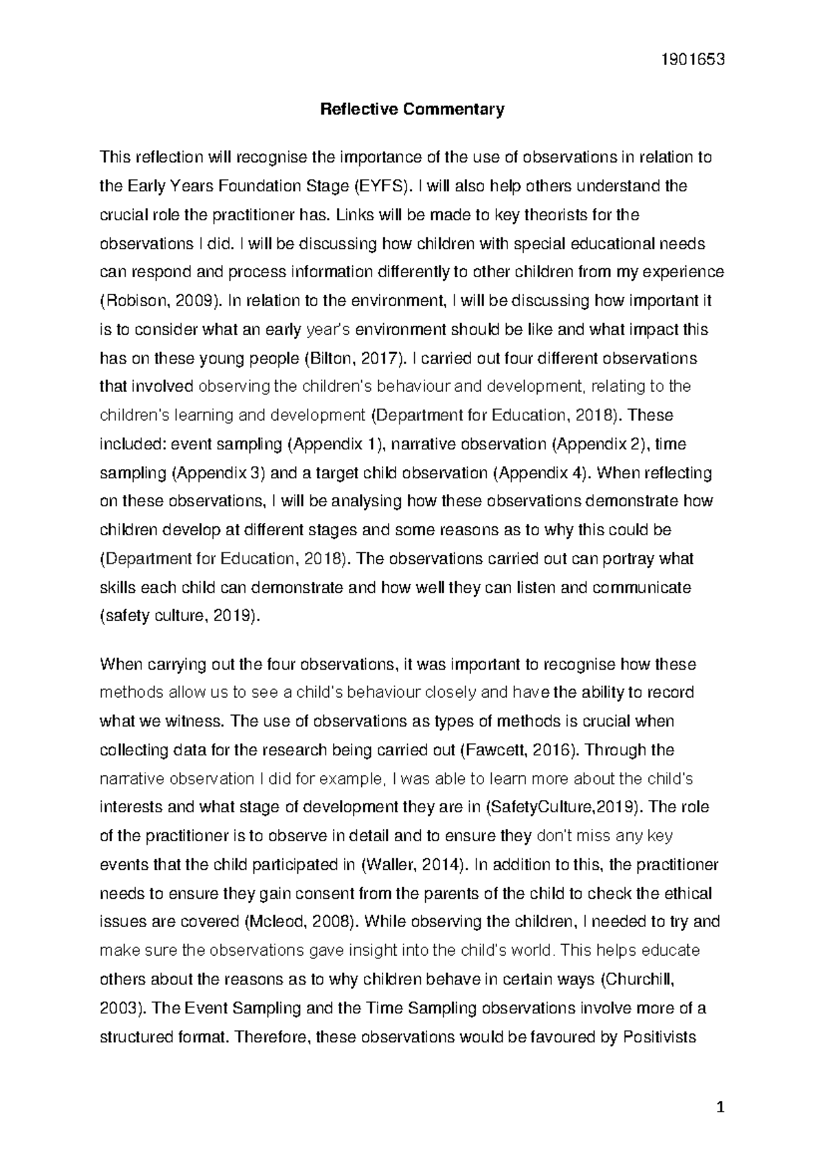 Reflective Commentary - Early Years Practice and Pedagogy - Reflective ...