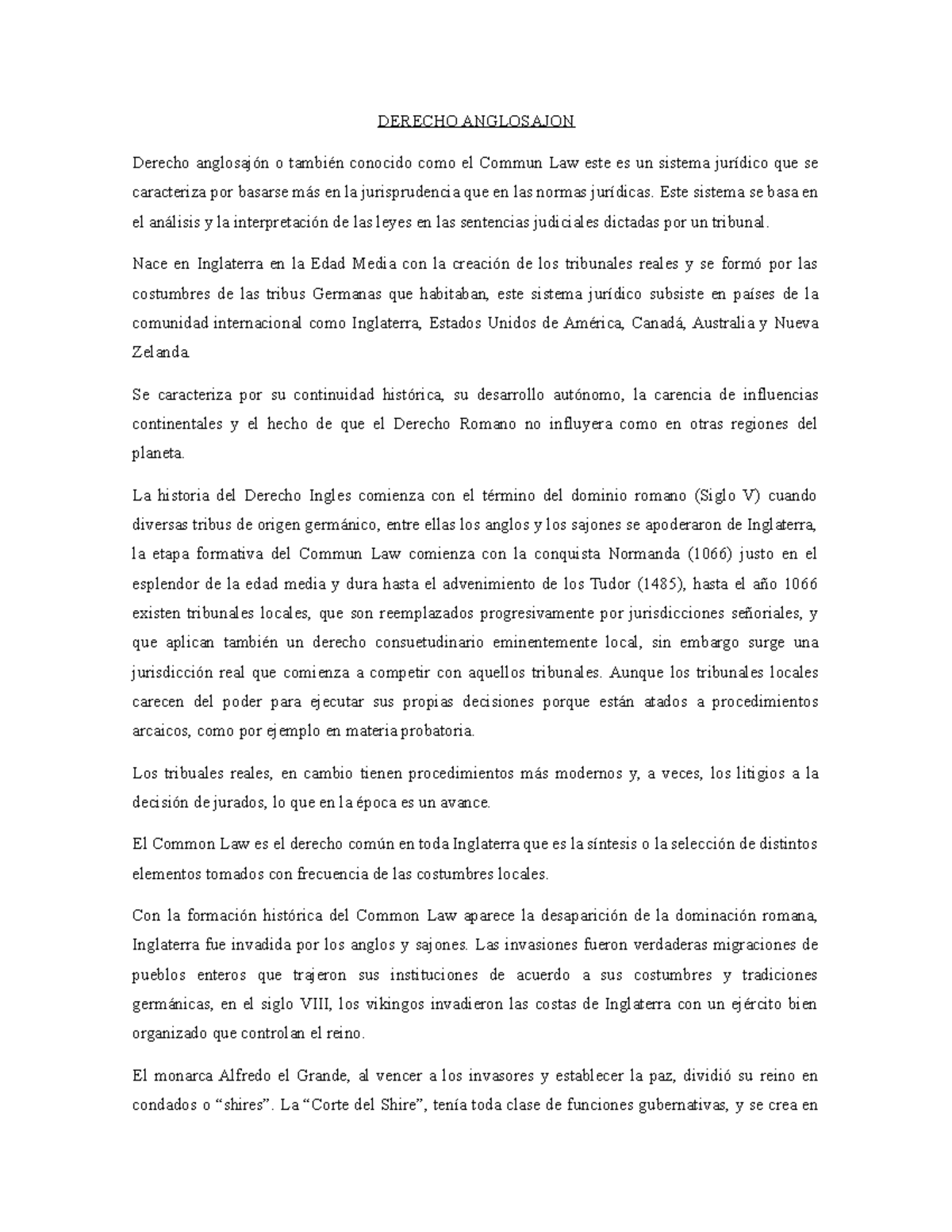 Parcial - Lectura importante - DERECHO ANGLOSAJON Derecho anglosajón o ...