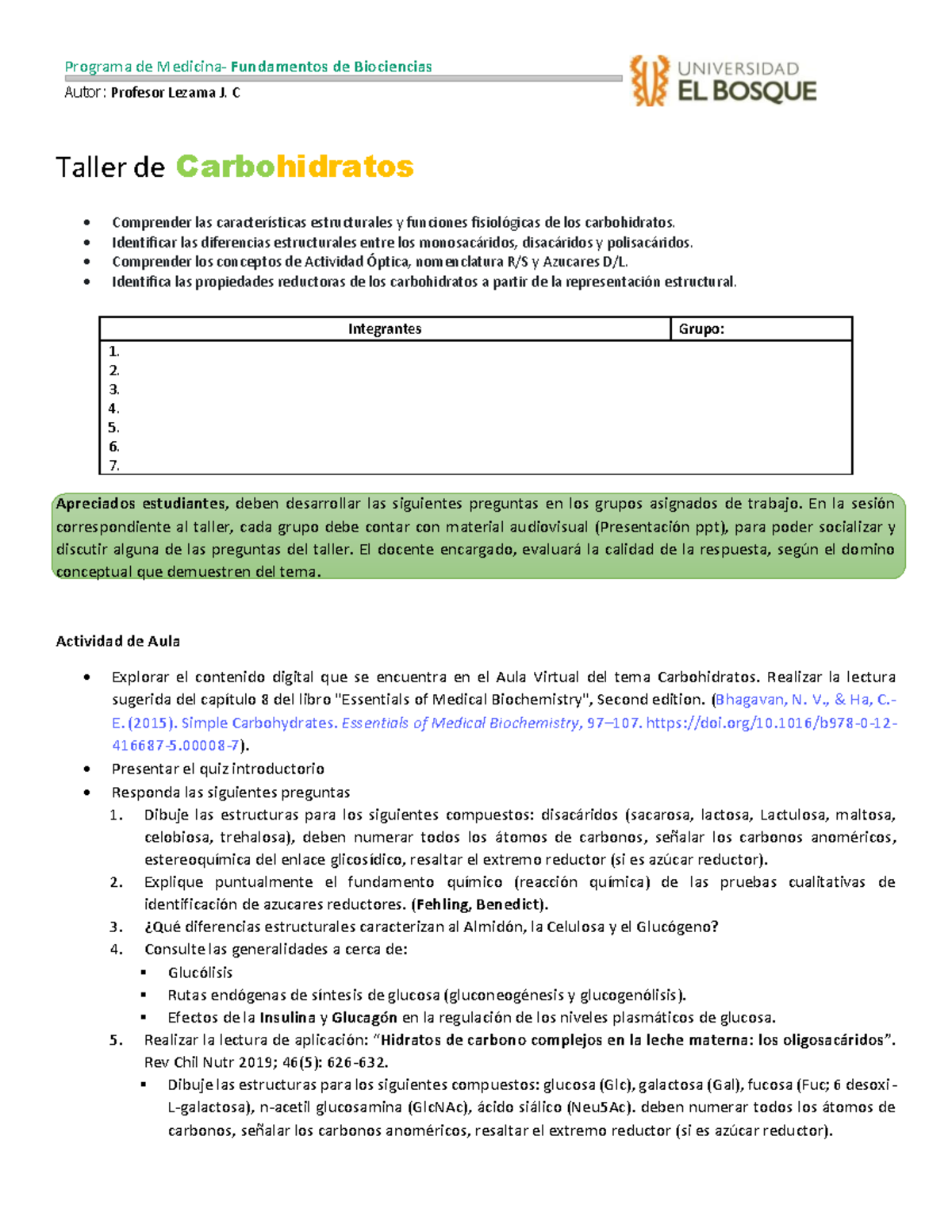 Taller Carbohidratos FB 2023-1 - Programa de Medicina- Fundamentos de ...
