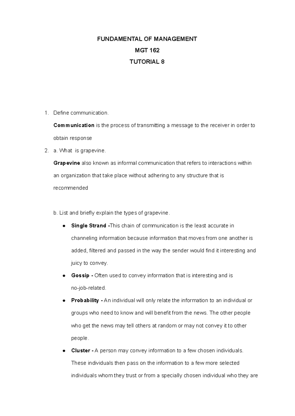 Tutorial 8 Communication - FUNDAMENTAL OF MANAGEMENT MGT 162 TUTORIAL 8 ...