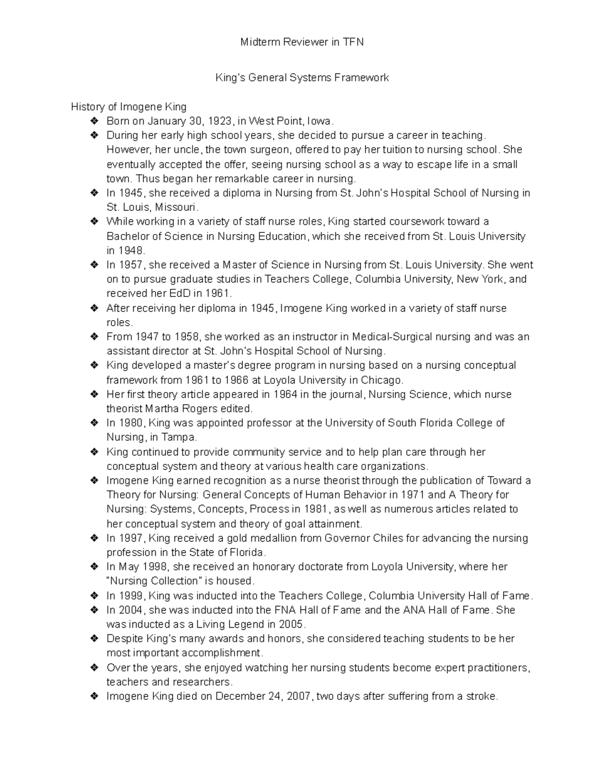 TFN - Midterm Reviewer - Summary Theoretical Foundations in Nursing ...