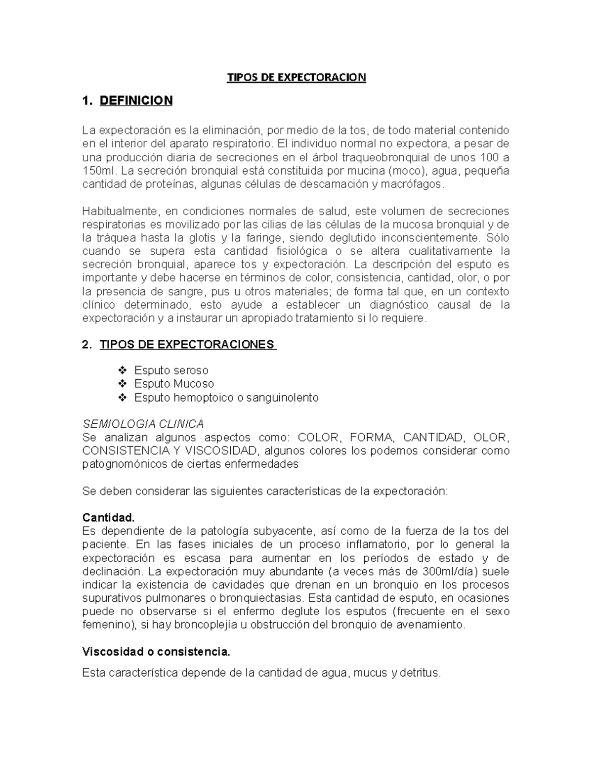 Expectoracion oficial - TIPOS DE EXPECTORACION 1. DEFINICION La ...