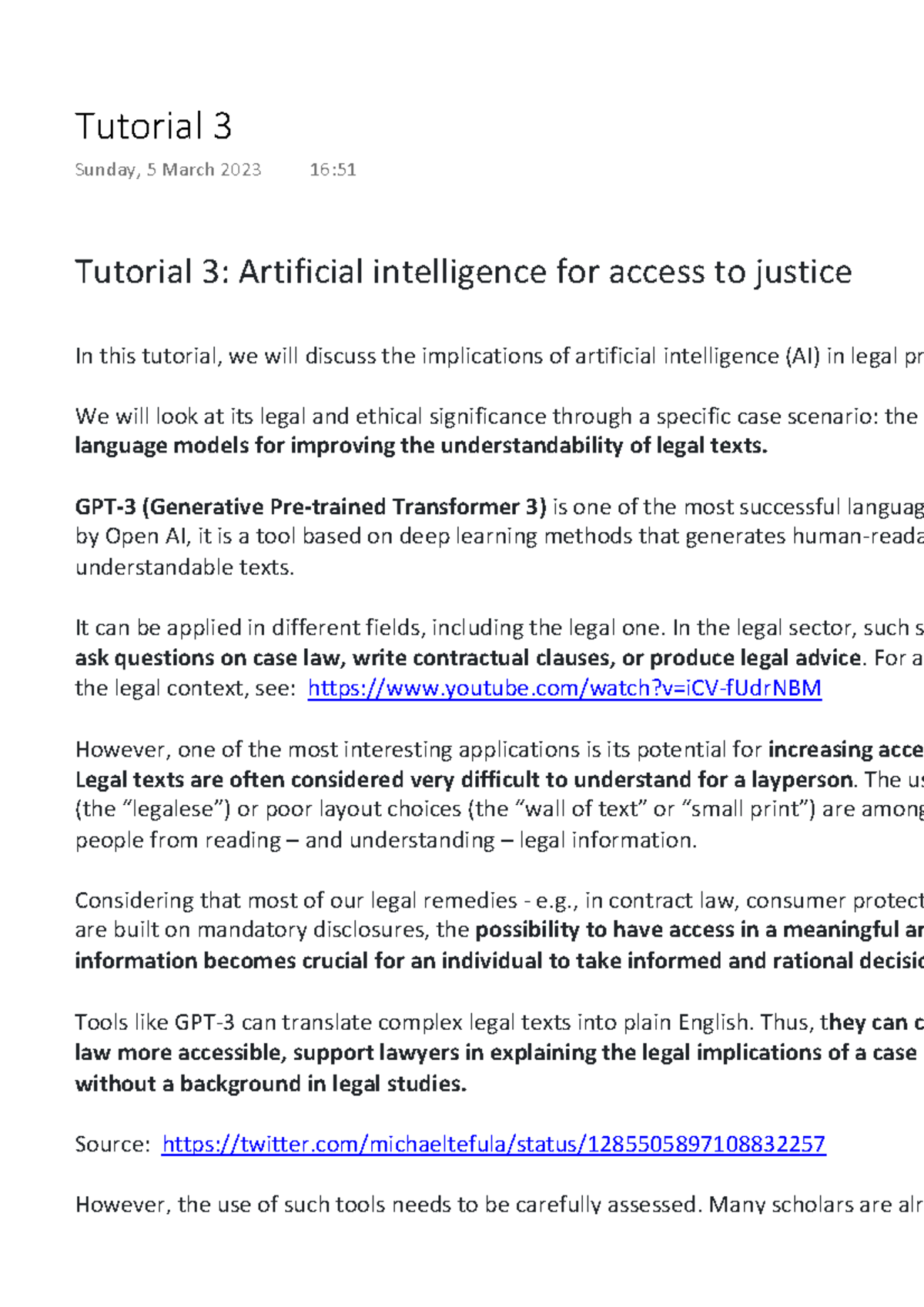 Legal Thoery Tutorial 3 copy - Tutorial 3: Artificial intelligence for ...