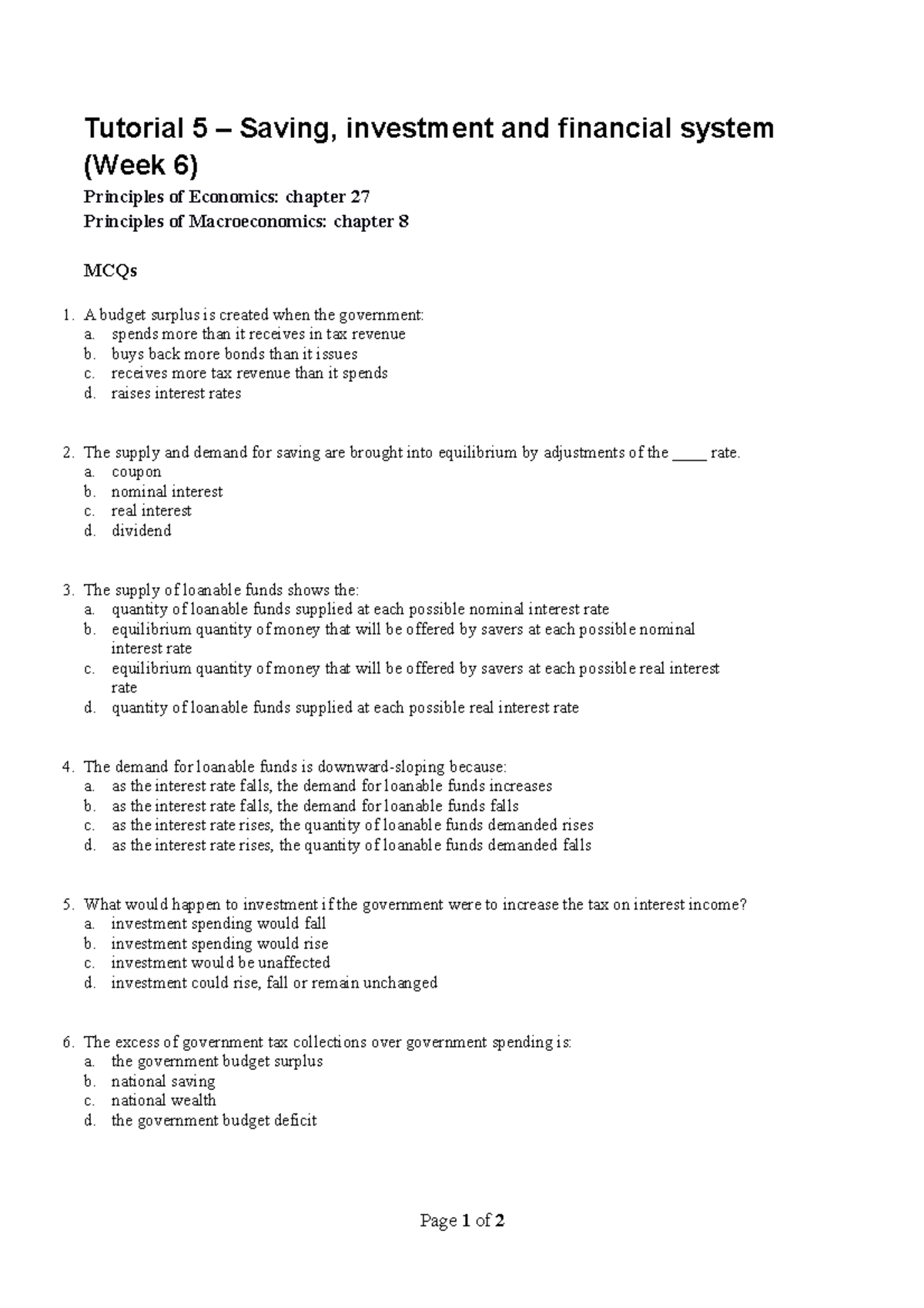 Tut5(Week 6) Questions - Tutorial 5 – Saving, investment and financial ...