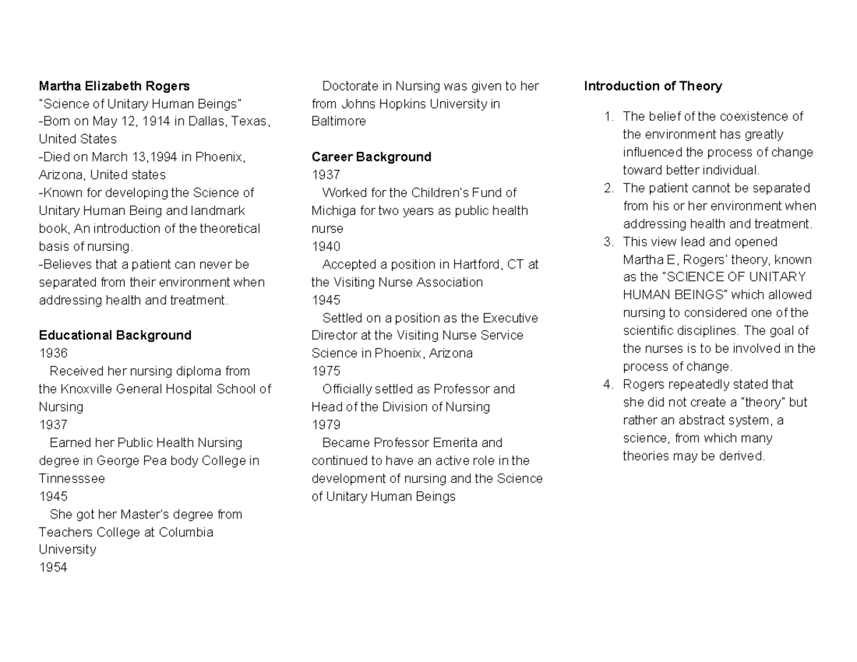 NCM Reviewer Rogers, OREM, KING - Martha Elizabeth Rogers “Science of ...