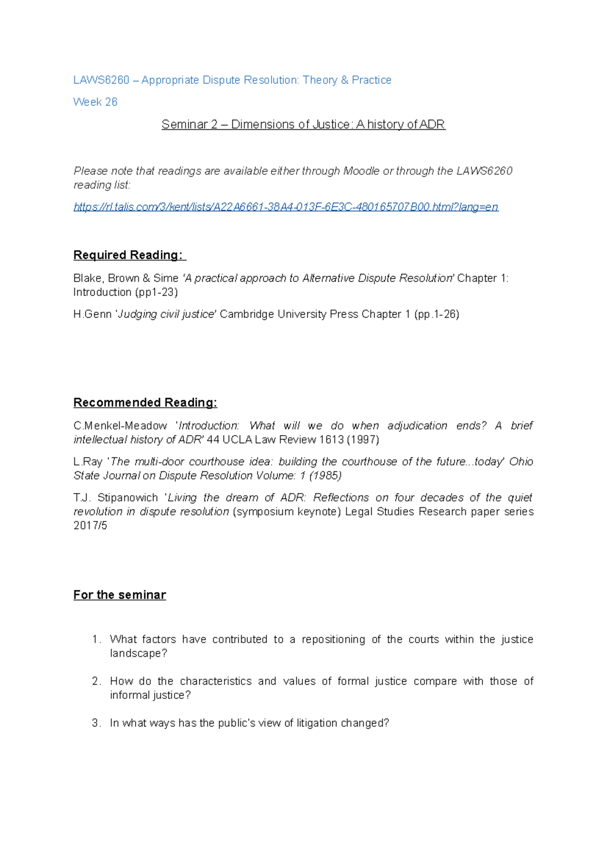Seminar 2 - LAWS6260 – Appropriate Dispute Resolution: Theory ...