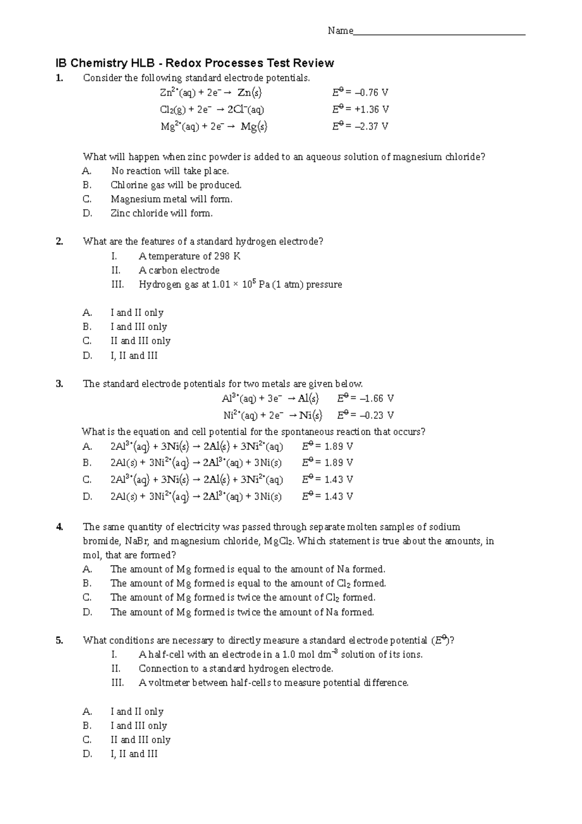 Redox Processes Test Review - Name________________________________ IB ...
