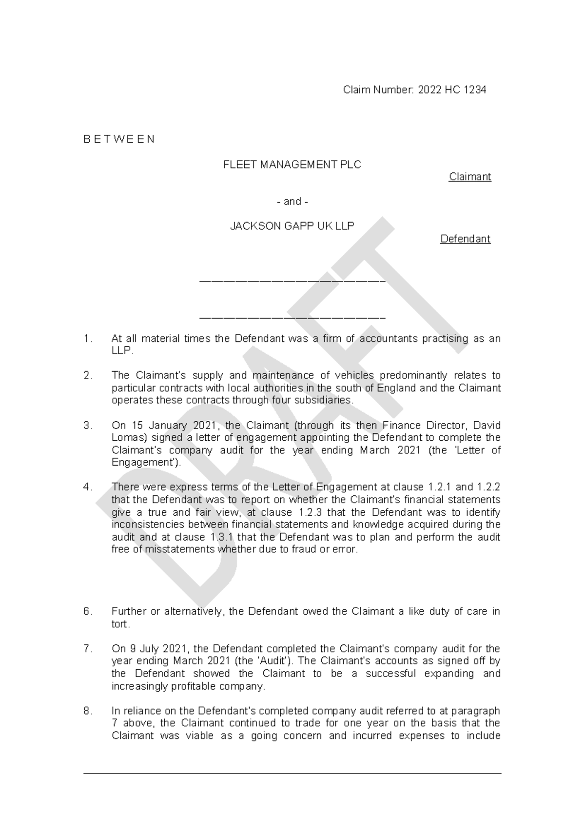 Workshop 1 draft particulars of Claim - Claim Number: 2022 HC 1234 B E ...