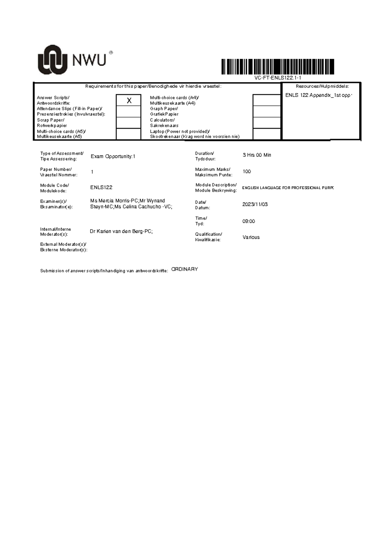 ENLS122 vc Paper 1Dec2023 - Type of Assessment/ Tipe Assessering ...