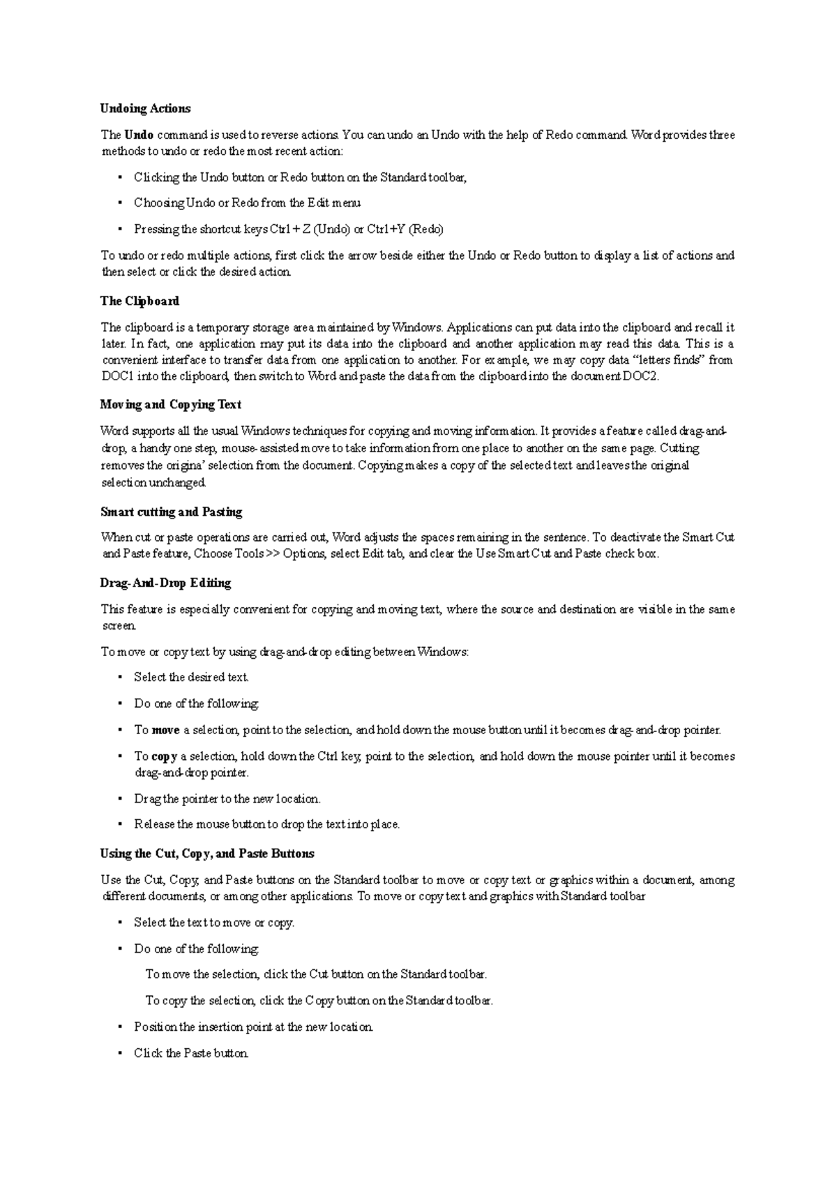 3 - notes - Undoing Actions The Undo command is used to reverse actions ...