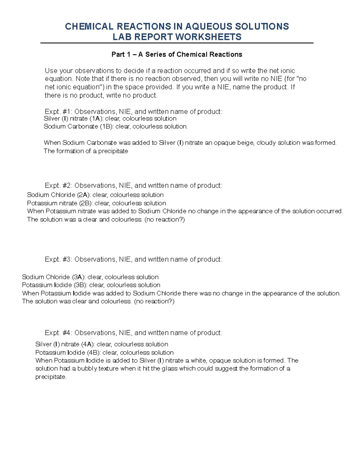 Chemical Reactions in Aqueous Solutions Worksheets - LAB REPORT ...