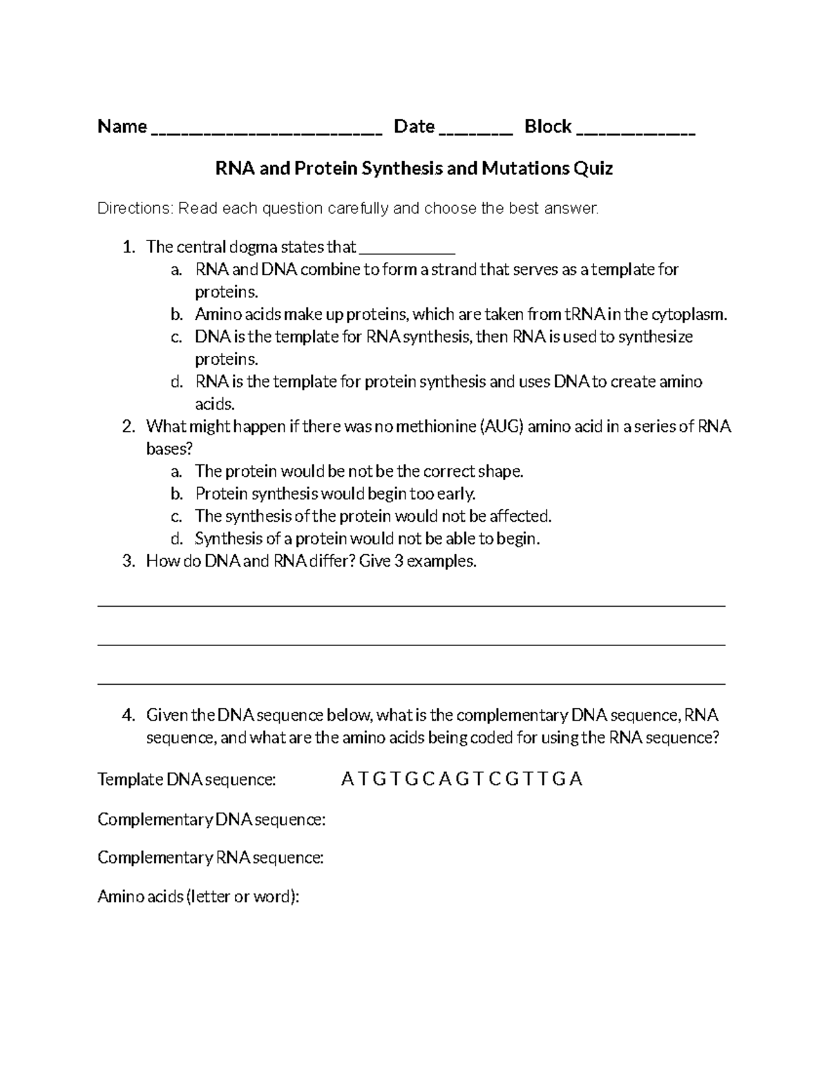 Protein quiz - Name _______________________________ Date ...