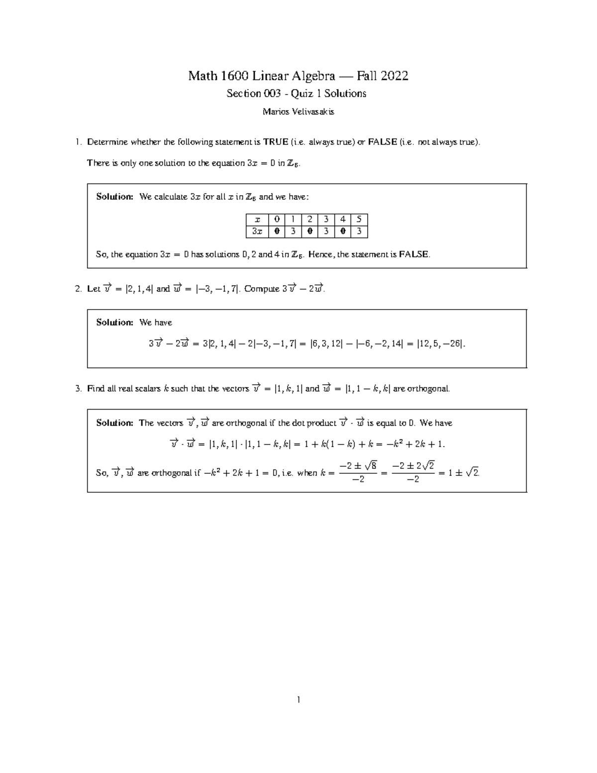 Quiz 1 math 1600 - Math 1600 Linear Algebra — Fall 2022 Section 003 ...