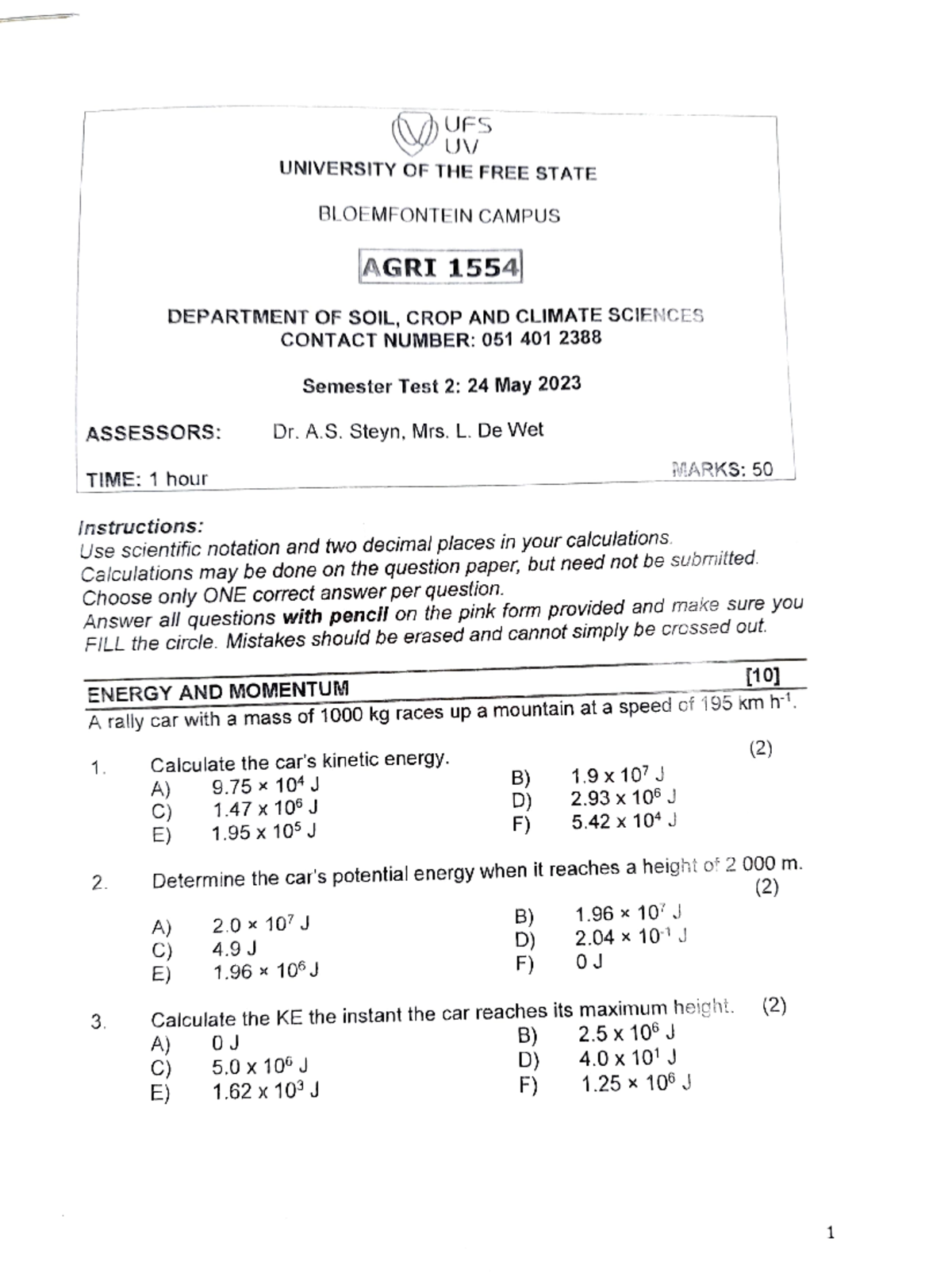 Agri 1554&1534 Sem&Exam papers - UFS UV UNIVERSITY OF THE FREE STATE ...