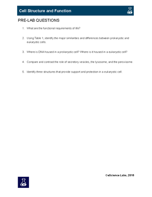 AP 5069 L02 Cell - N/A - PRE-LAB QUESTIONS What are the functional requirements of life? The ...