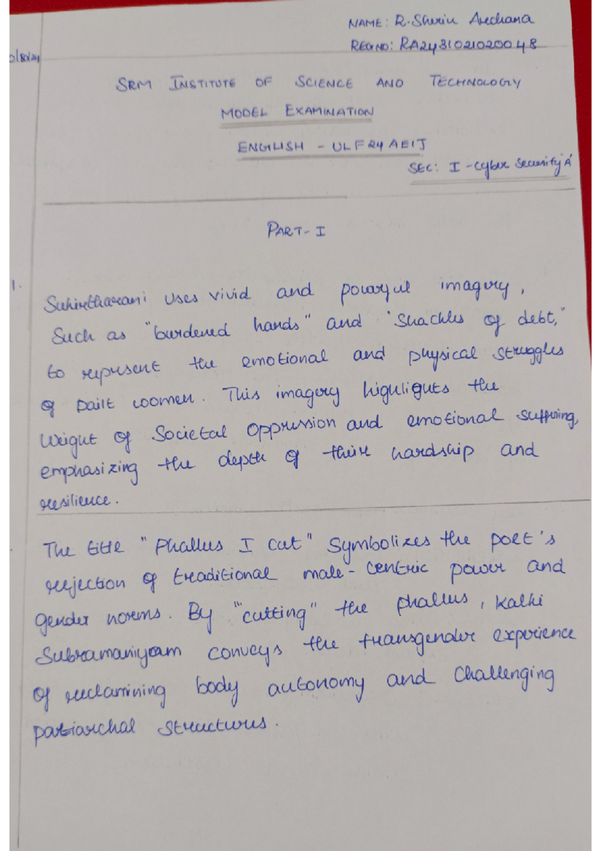 English model exam 48 - Hook - NAME: R Archana REGNO: RA2431021020048 ...