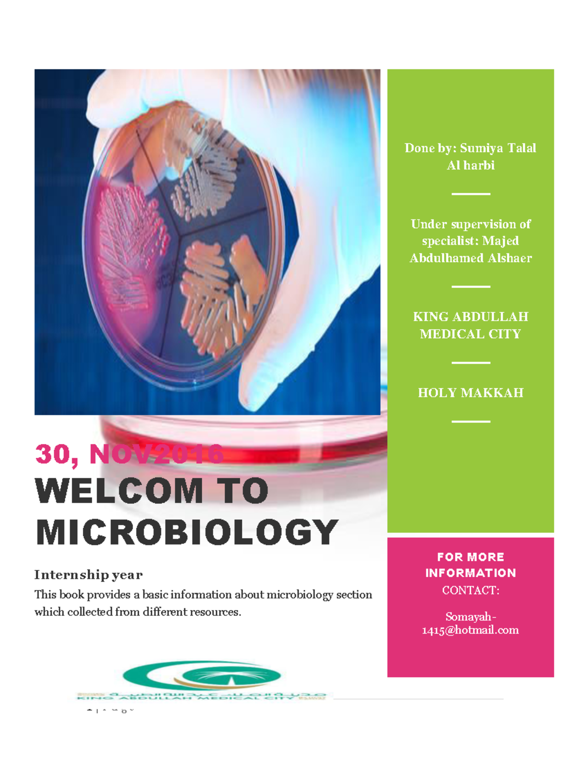 @Lab Med 2016 welcom to microbiology - 30, NOV WELCOM TO MICROBIOLOGY Internship year This book ...