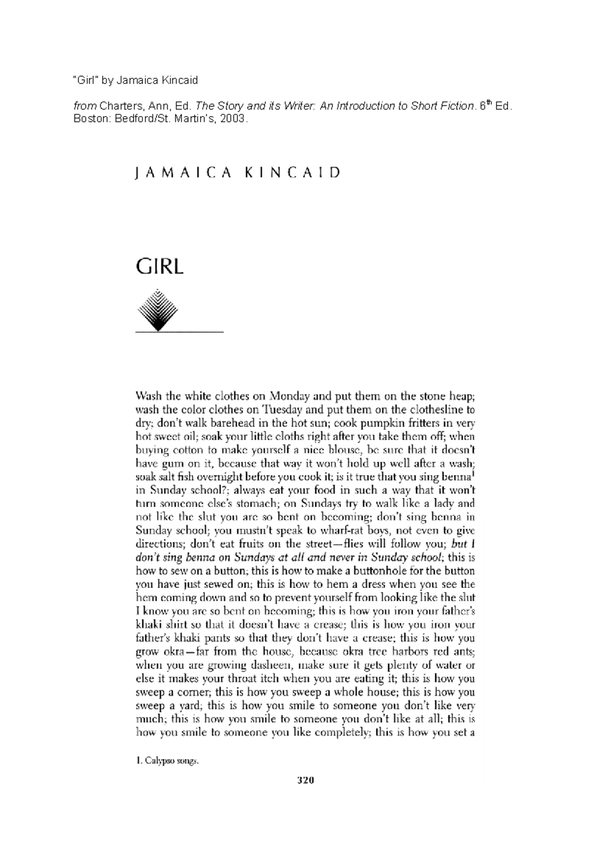 Girl (Jamaica Kincaid) - “Girl” by Jamaica Kincaid from Charters, Ann ...