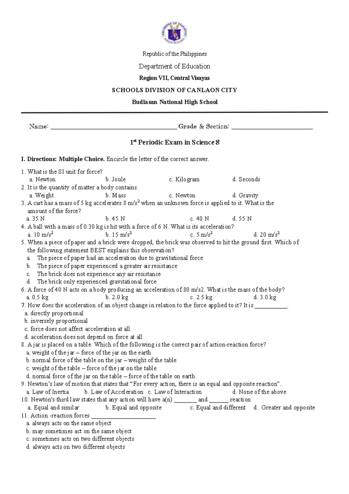 Science 8 First Quarter Diagnostic TEST - Republic of the Philippines ...