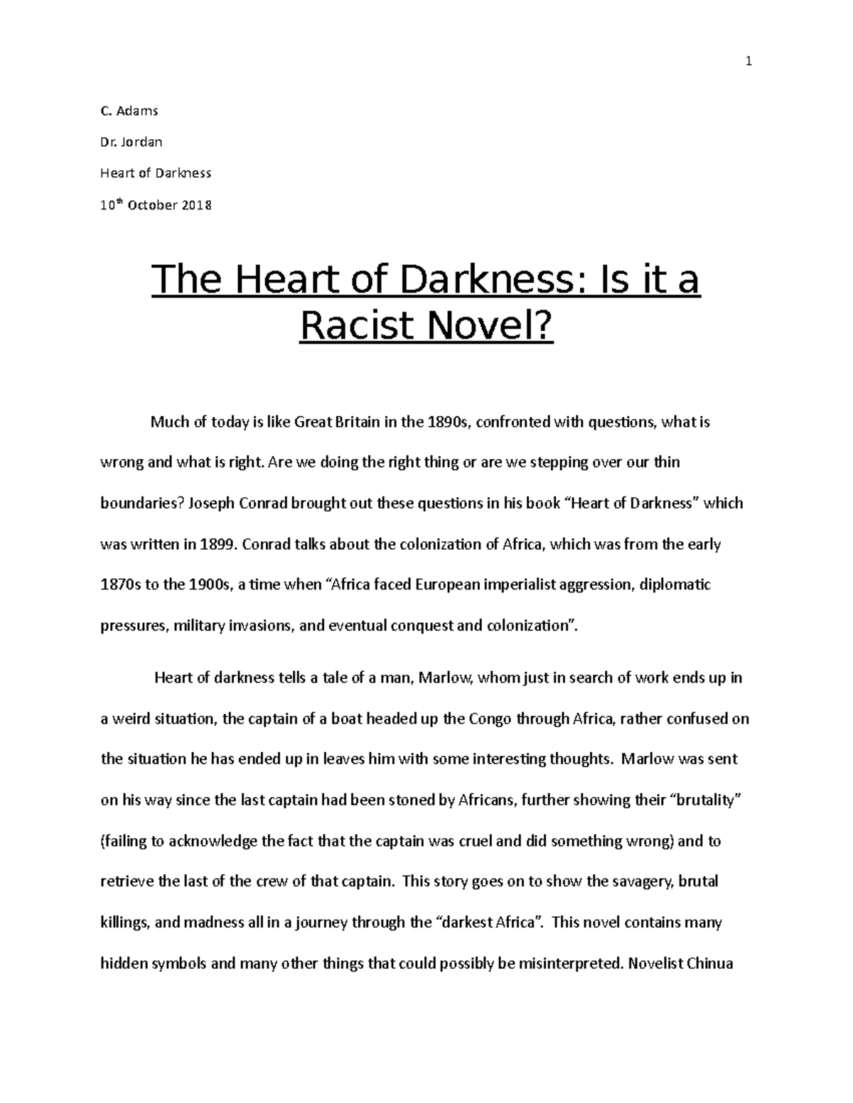 Heart of Darkness - Grade: A+ - C. Adams Dr. Jordan Heart of Darkness ...