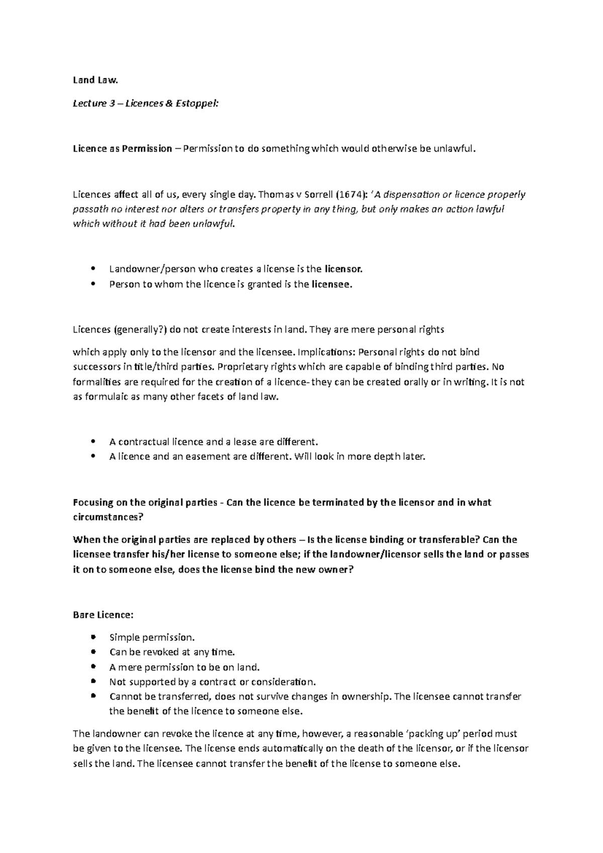 Land Law Licenses And Estoppel Land Law Lecture 3 Licences