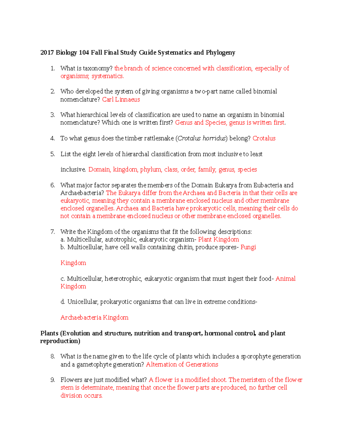 2017 Biology 104 Fall Final Study Guide Systematics and Phylogeny - 2017 Biology 104 Fall Final ...