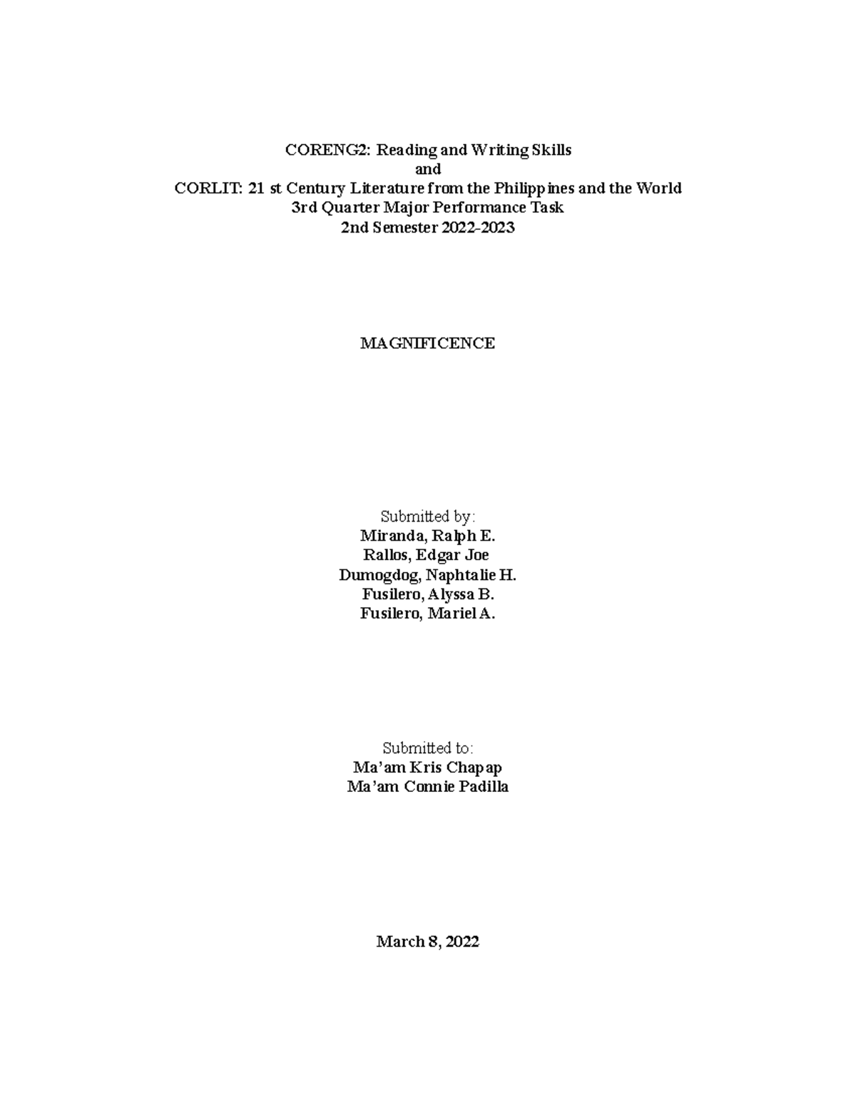 Performance TASK - Coreng AND Corlit - CORENG2: Reading and Writing ...