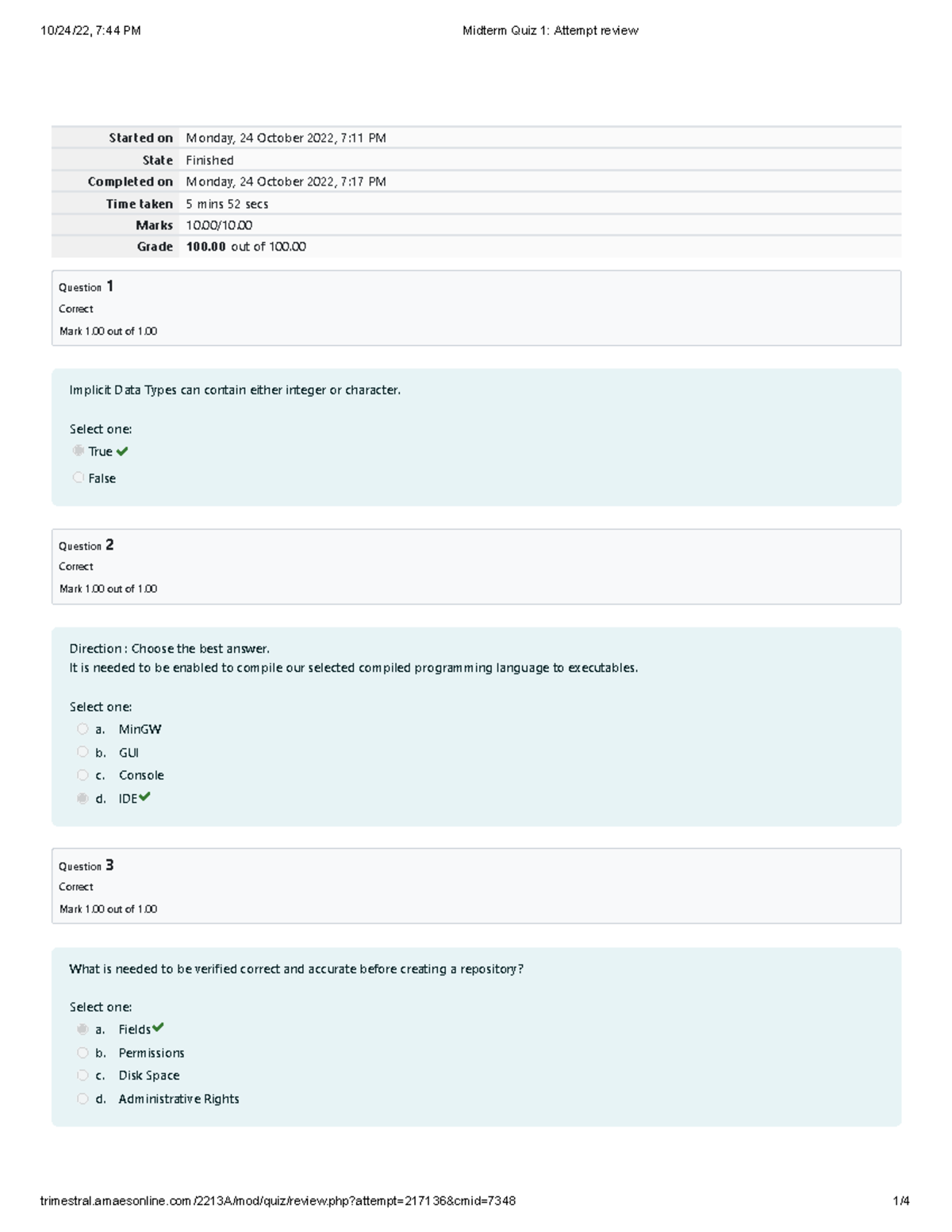 Midterm Quiz 1 Attempt review - Started on Monday, 24 October 2022, 7: ...