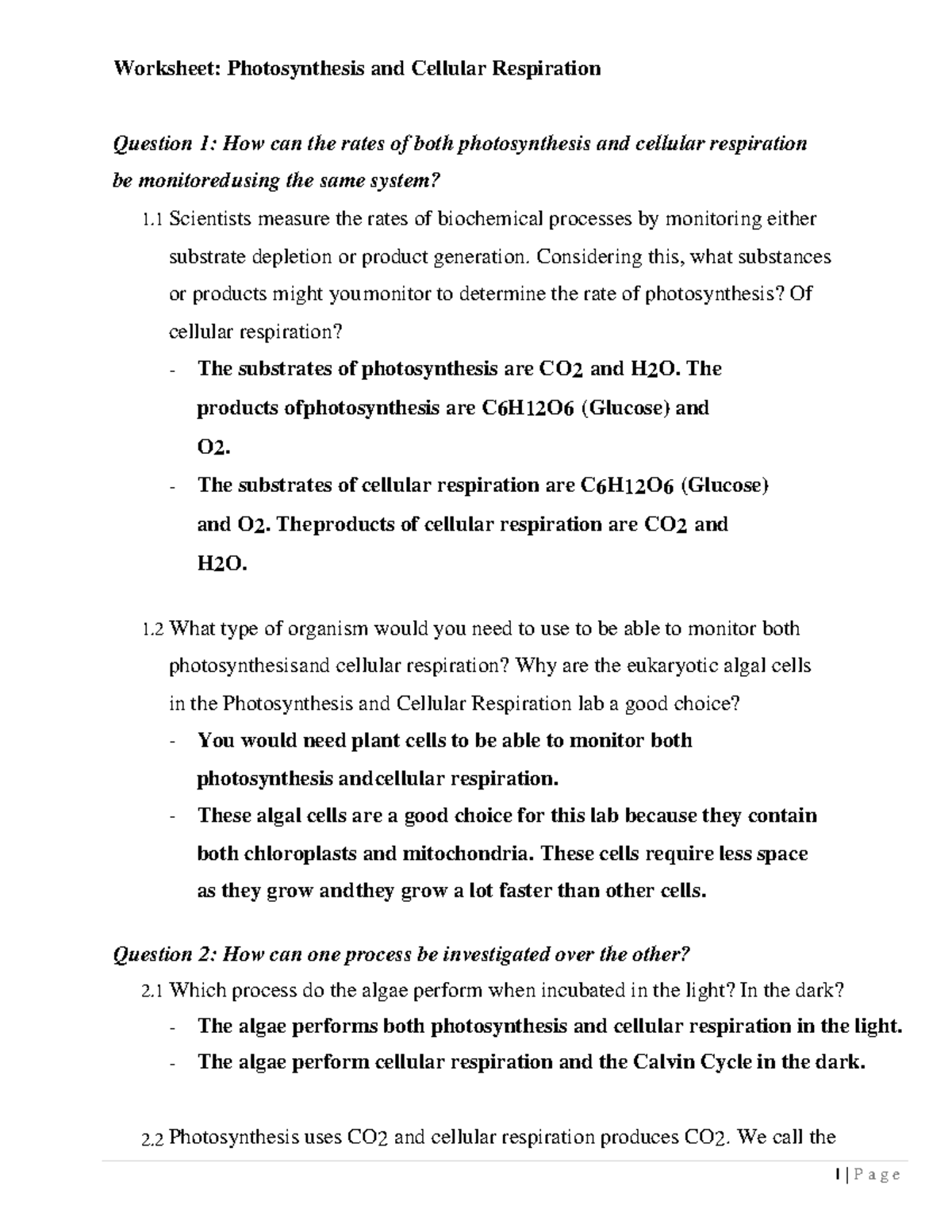 BIOL 111 Worksheet Photosynthesis and Cellular Respiration - Worksheet ...