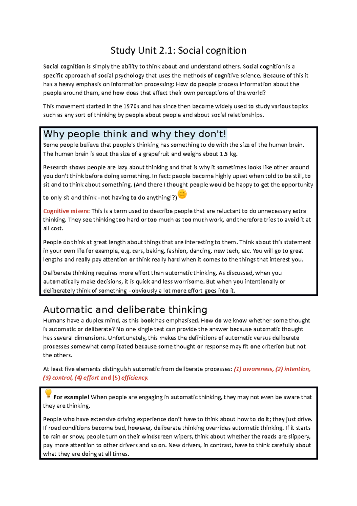 Study Unit 2 - personality - Study Unit 2: Social cognition Social ...