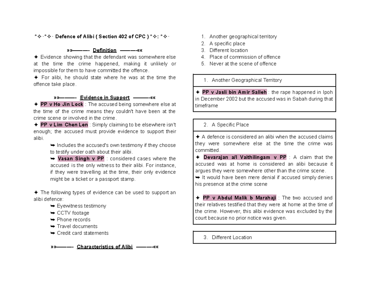 Defence of Alibi ( Section 402 of CPC ) ･ - * ･* ･ Defence of Alibi ...