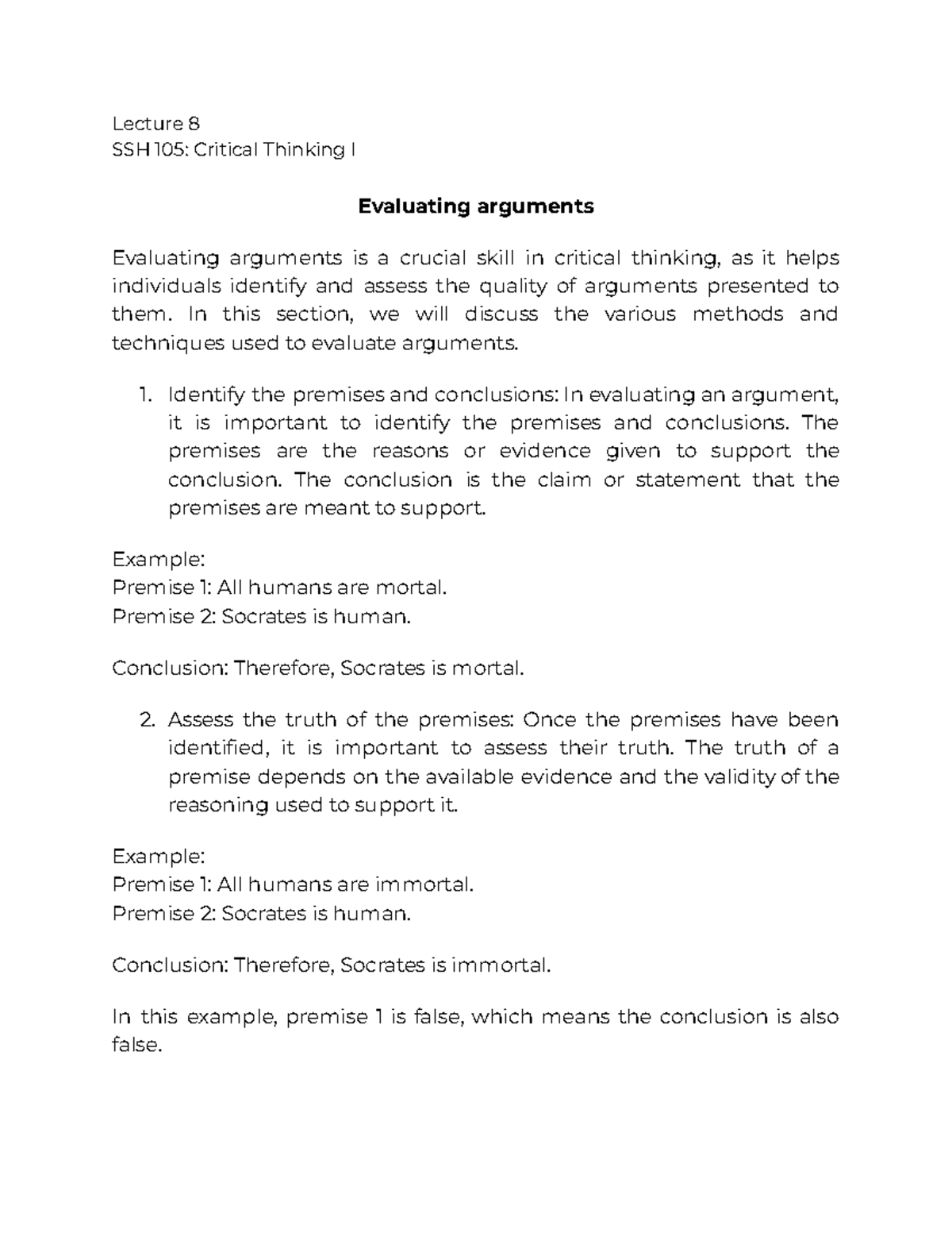 Lecture 8 SSH 105 Critical Thinking I - In this section, we will ...