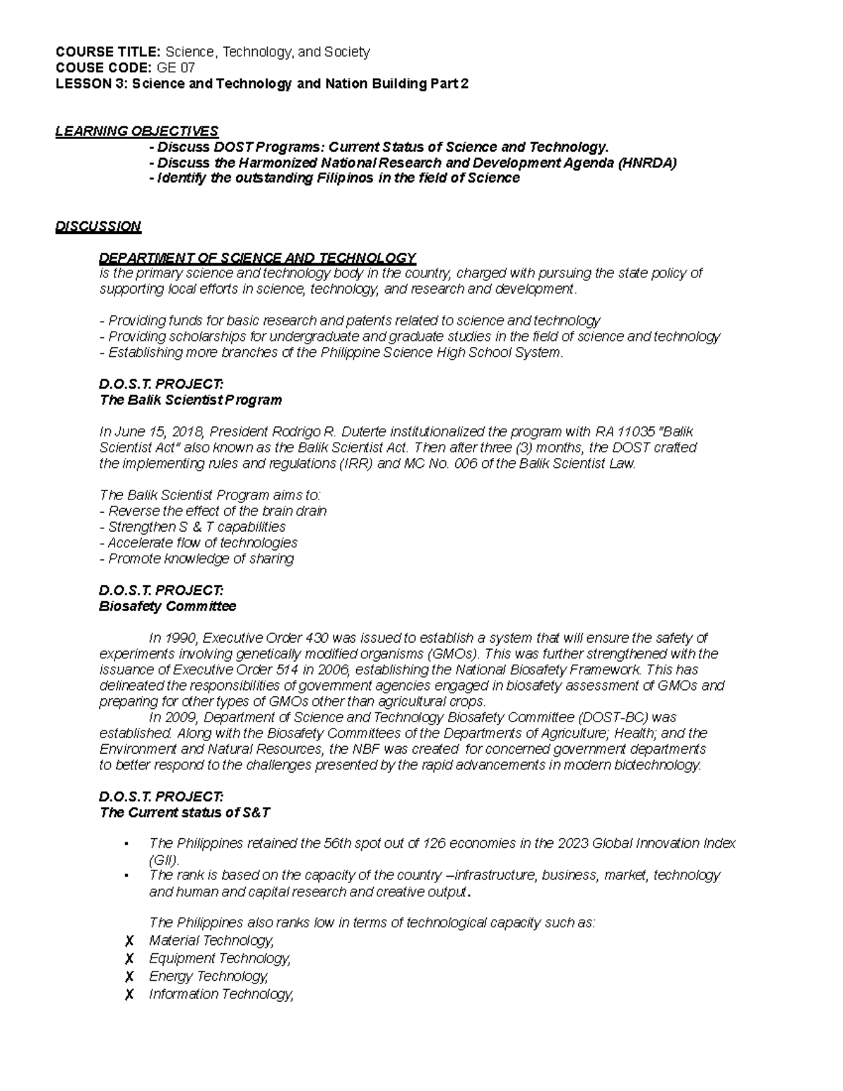 Learning Material- Lesson 3-Science and Technology and Nation Building ...