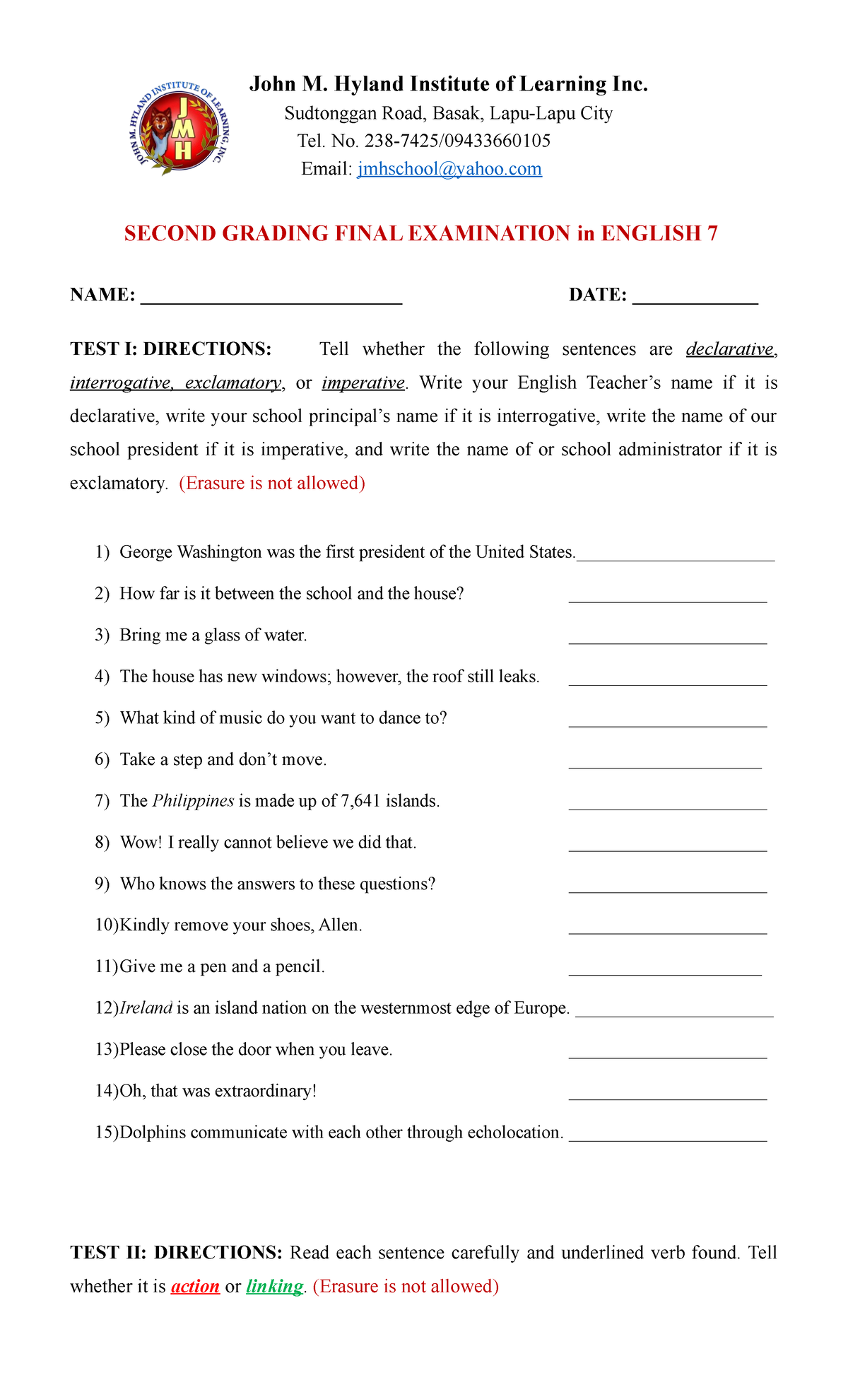 2ND Final - Aliyah - Examination - John M. Hyland Institute of Learning Inc. Sudtonggan Road ...