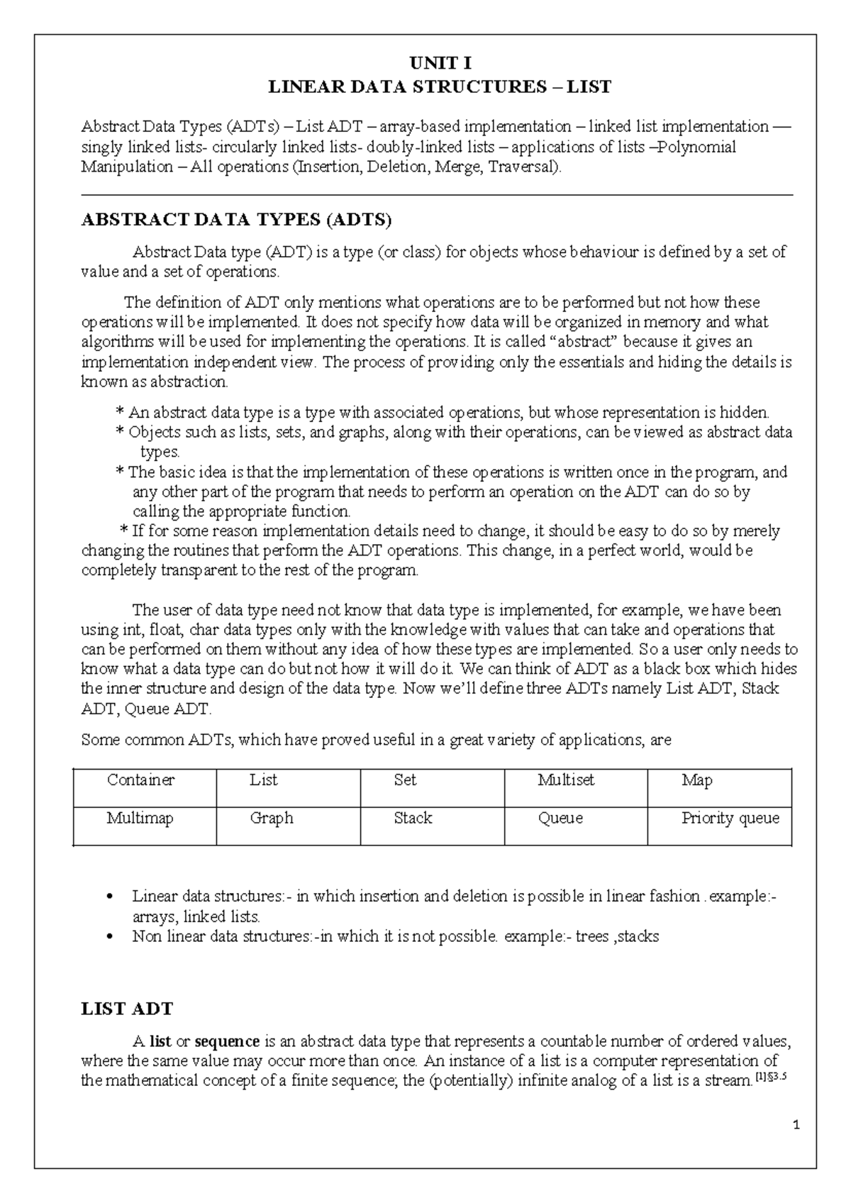 UNIT I-V - lecture notes - UNIT I LINEAR DATA STRUCTURES – LIST ... UNIT I-V - lecture notes - UNIT I LINEAR DATA STRUCTURES – LIST ...