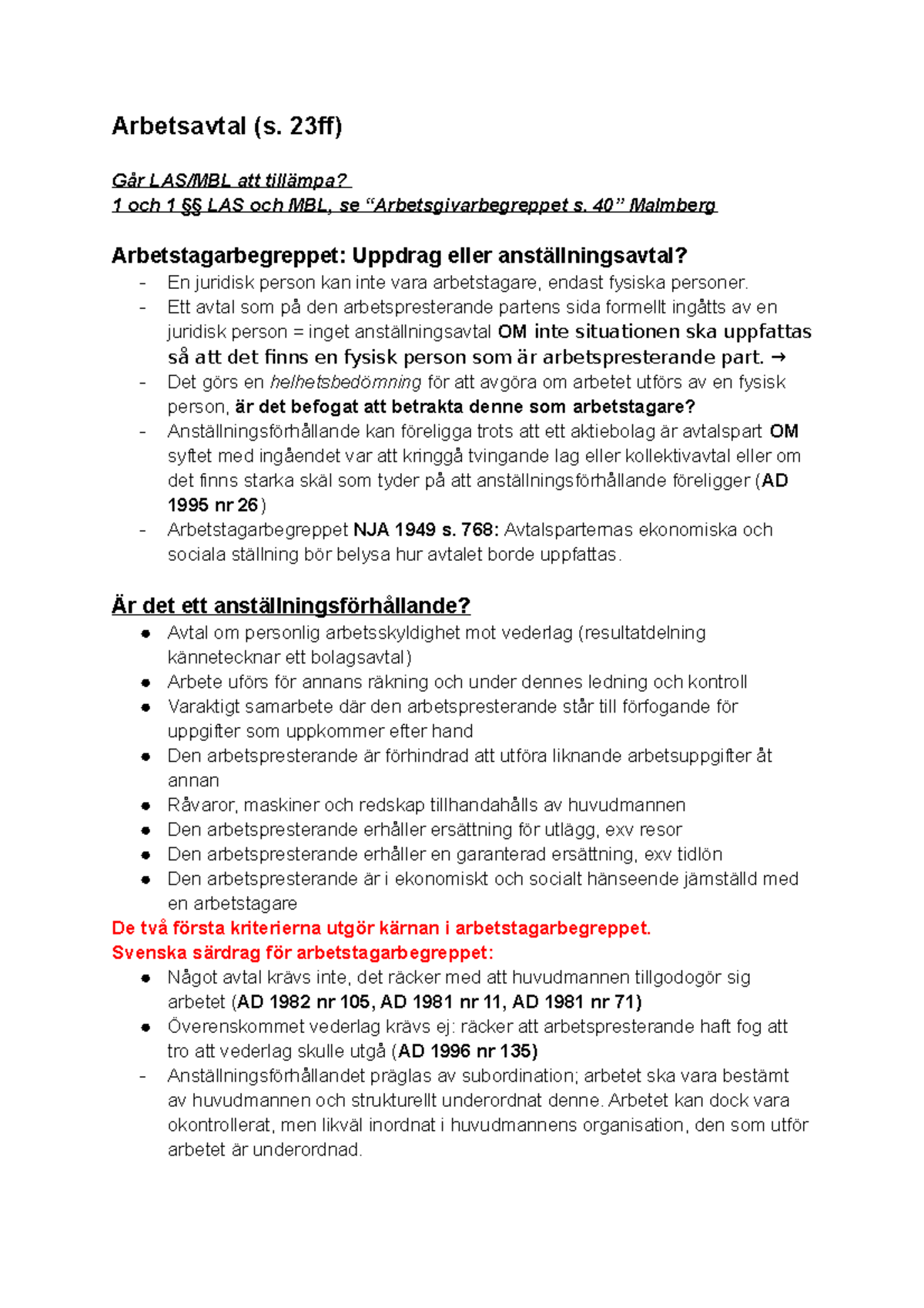 Arbetsrätt - Tentapärm - Arbetsavtal (s. att och 1 LAS och MBL, se s ...