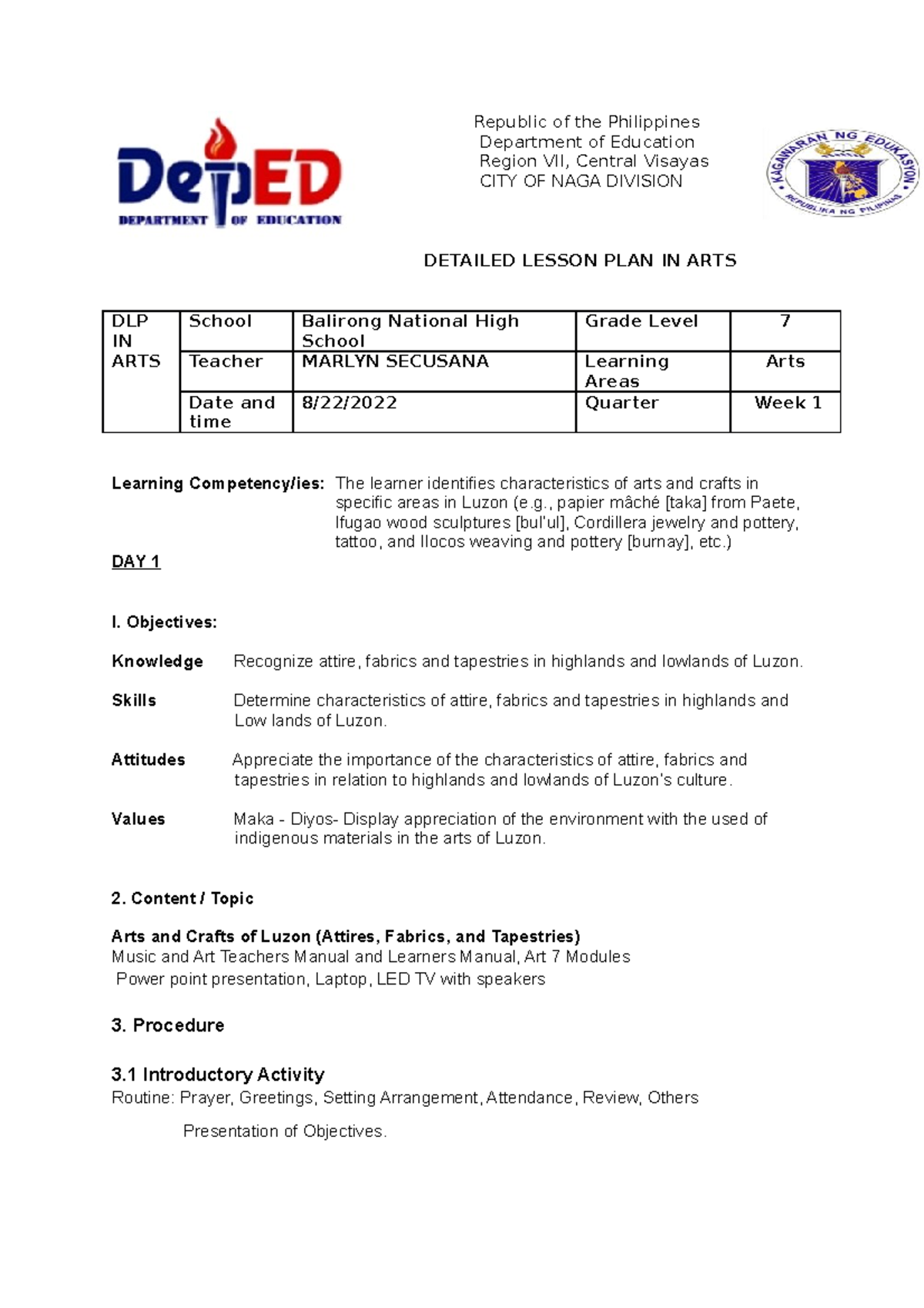 DLP ARTS 7 Q1 WK1 Secusana - Republic of the Philippines Department of Education Region VII ...
