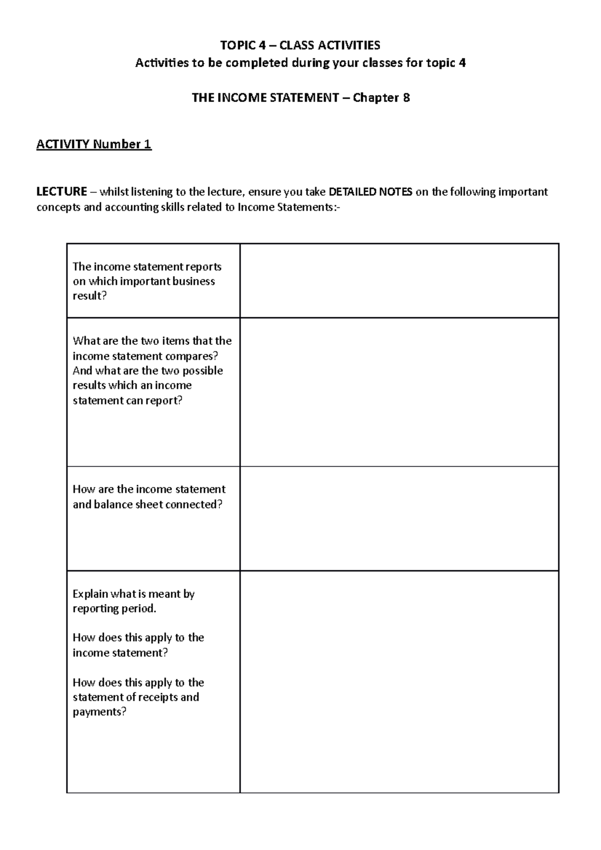 Topic 4 - Activities to do During class - TOPIC 4 – CLASS ACTIVITIES ...