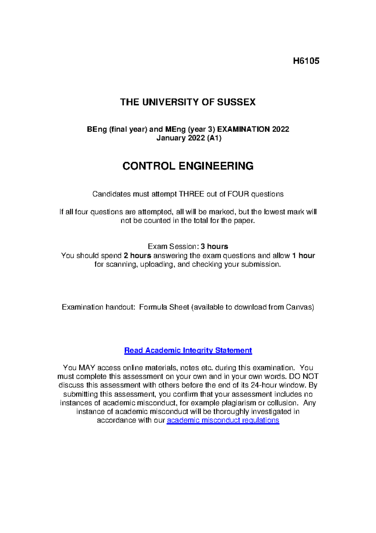 H6105 Control Engineering Exam Paper January 2022 - H THE UNIVERSITY OF ...
