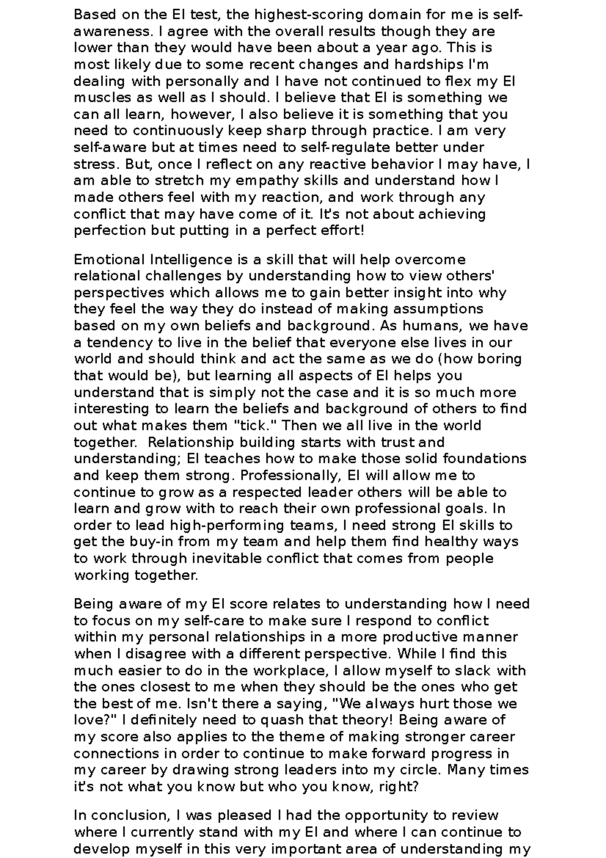 1-1 Discussion: Emotional Intelligence - Based on the EI test, the ...