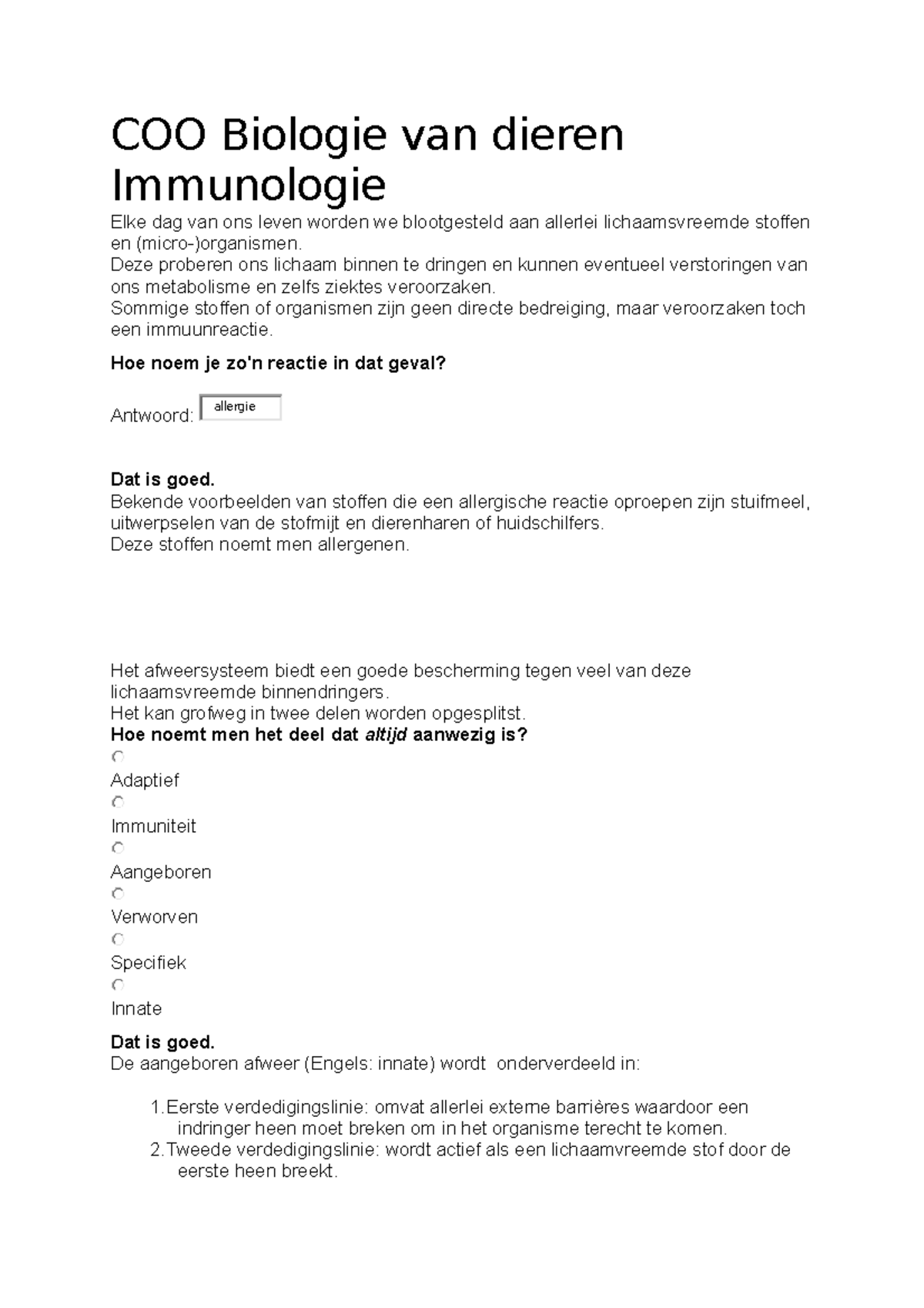 COO Biologie van dieren Immunologie - Sommige stoffen of organismen ...