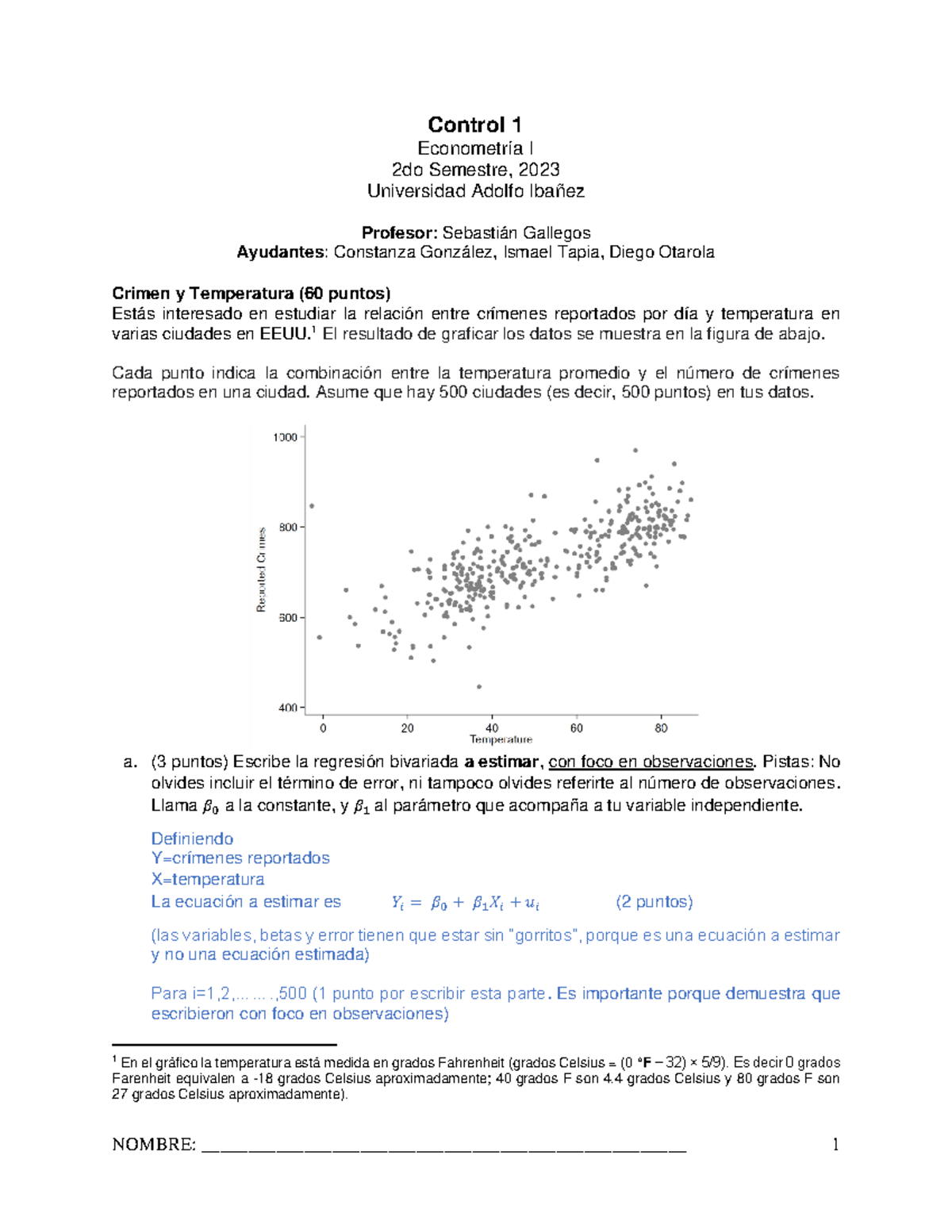 Control 1, 2do Sem, 2023 Soluciones Sugeridas - Control 1 Econometría I 2do Semestre, 202 3 ...